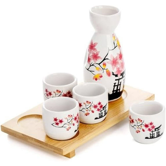 Ceramic Japanese Sake Set, 1 Serving Carafe, 4 Sake Cups and 1 Bamboo ...
