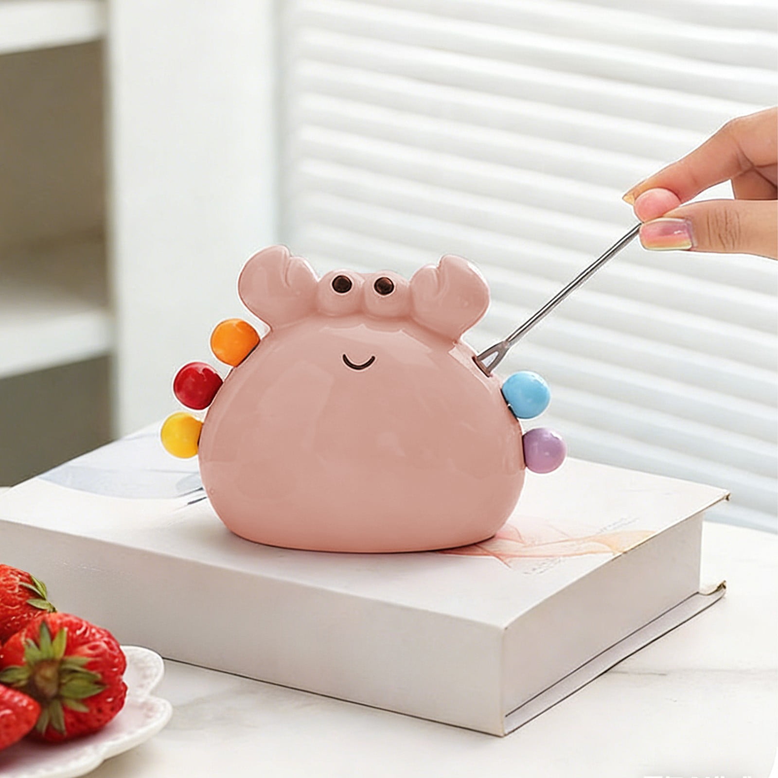 Ceramic Jar 1-Piece Pink Crab-Shaped Fruit Fork Set with Stainless ...