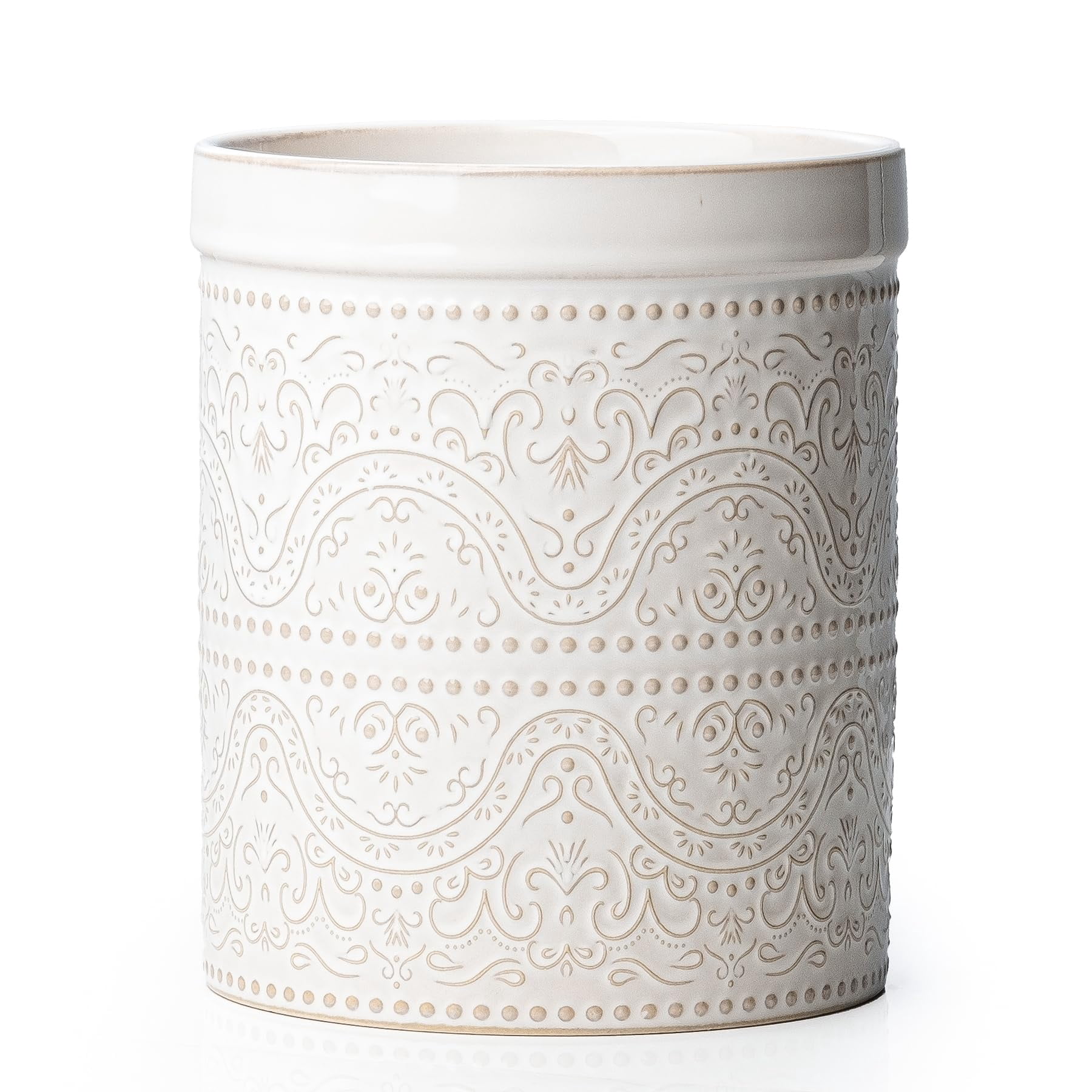 Ceramic Kitchen Utensil Holder Off-White (Lace Emboss) Countertop ...
