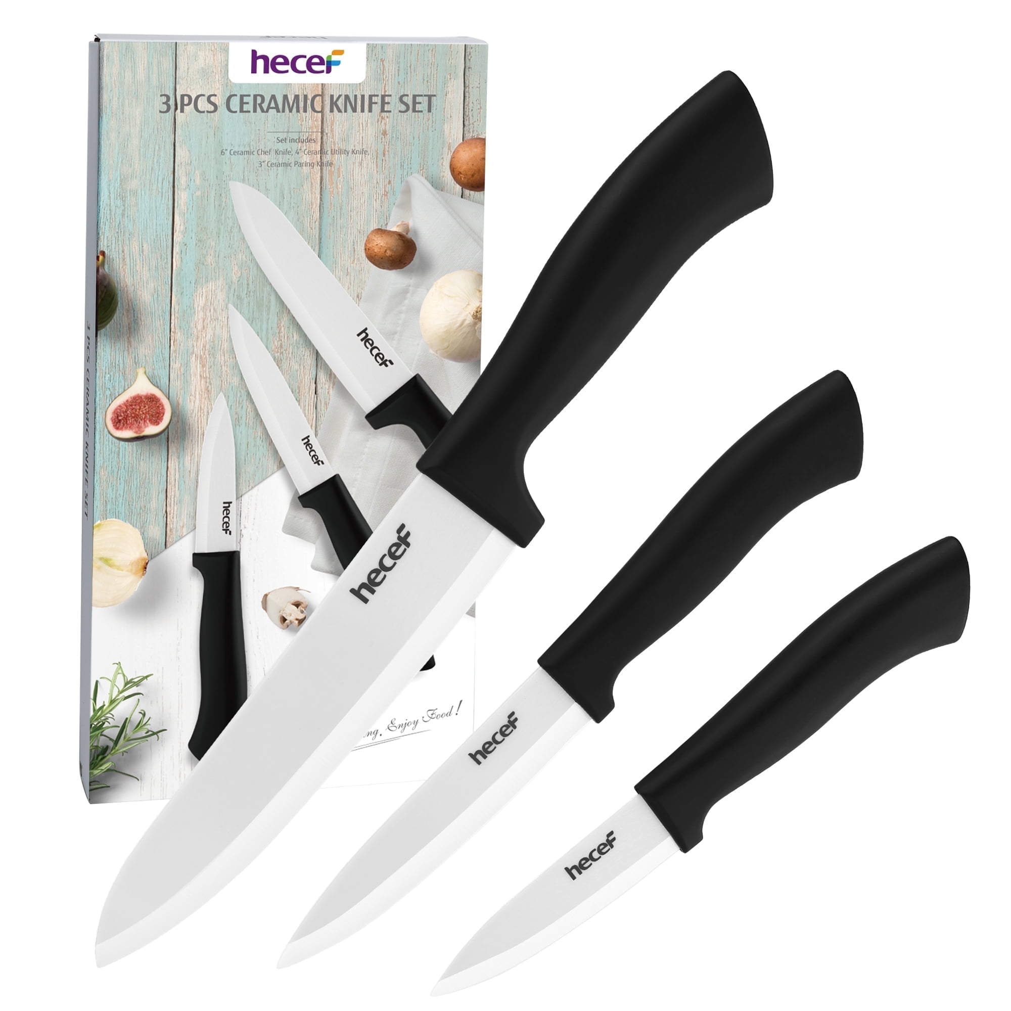 Ceramic Knife Set, Hecef 3 PCS White Ceramic Chef's, Utility, Fruit ...