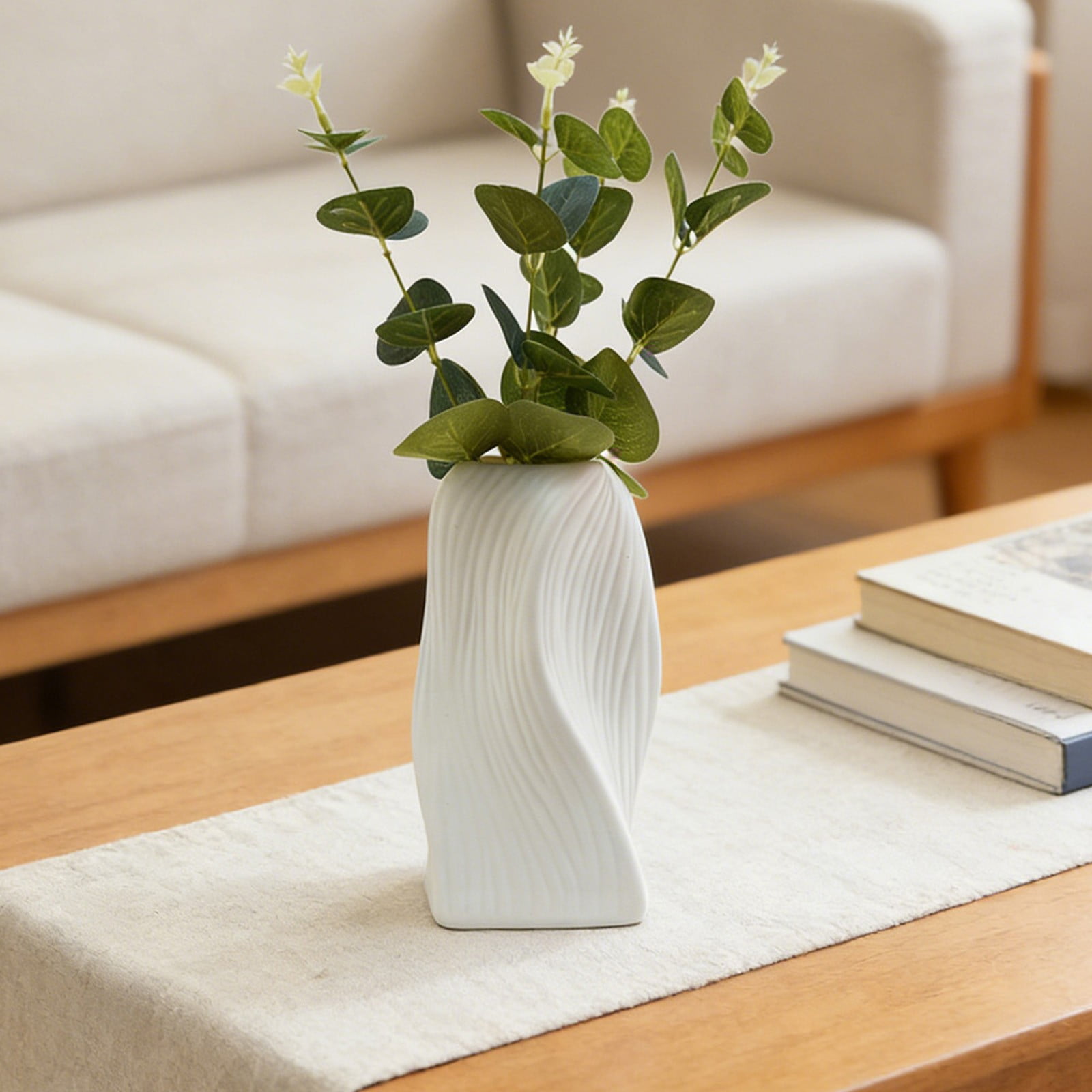 Ceramic-Look Plastic Vase - Non-Fragile Striped Texture Tabletop ...