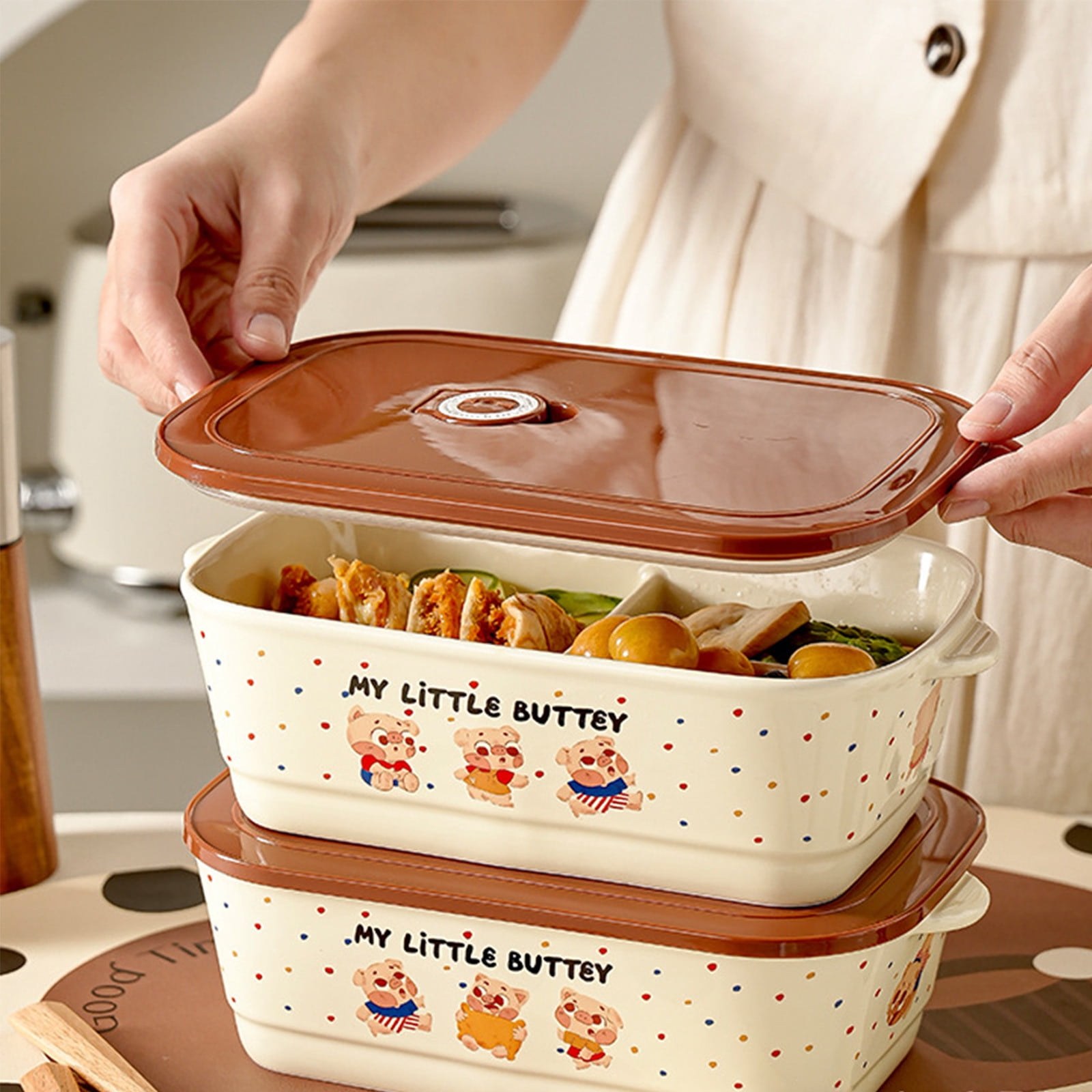 Ceramic Lunch Box Divided Compartment Food Container Microwave Safe ...