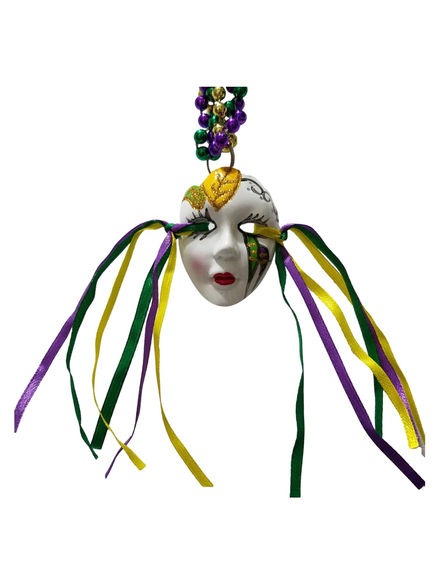 Ceramic Mask Face Ribbon Tri Strand Mardi Gras Beads Party Favor ...