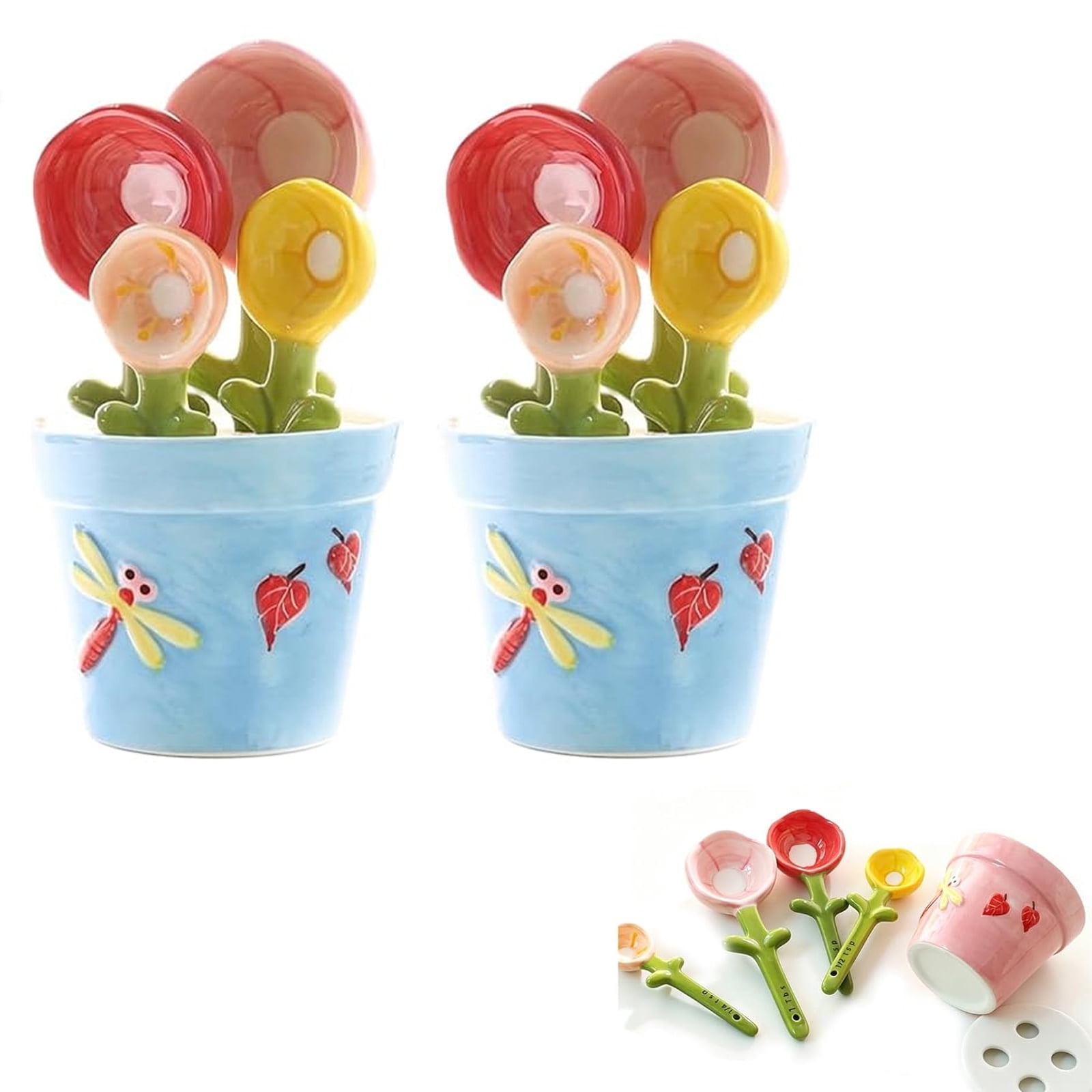 Ceramic Measuring Spoon Set with Flower Pot Holder, 5-Piece Cute Baking ...