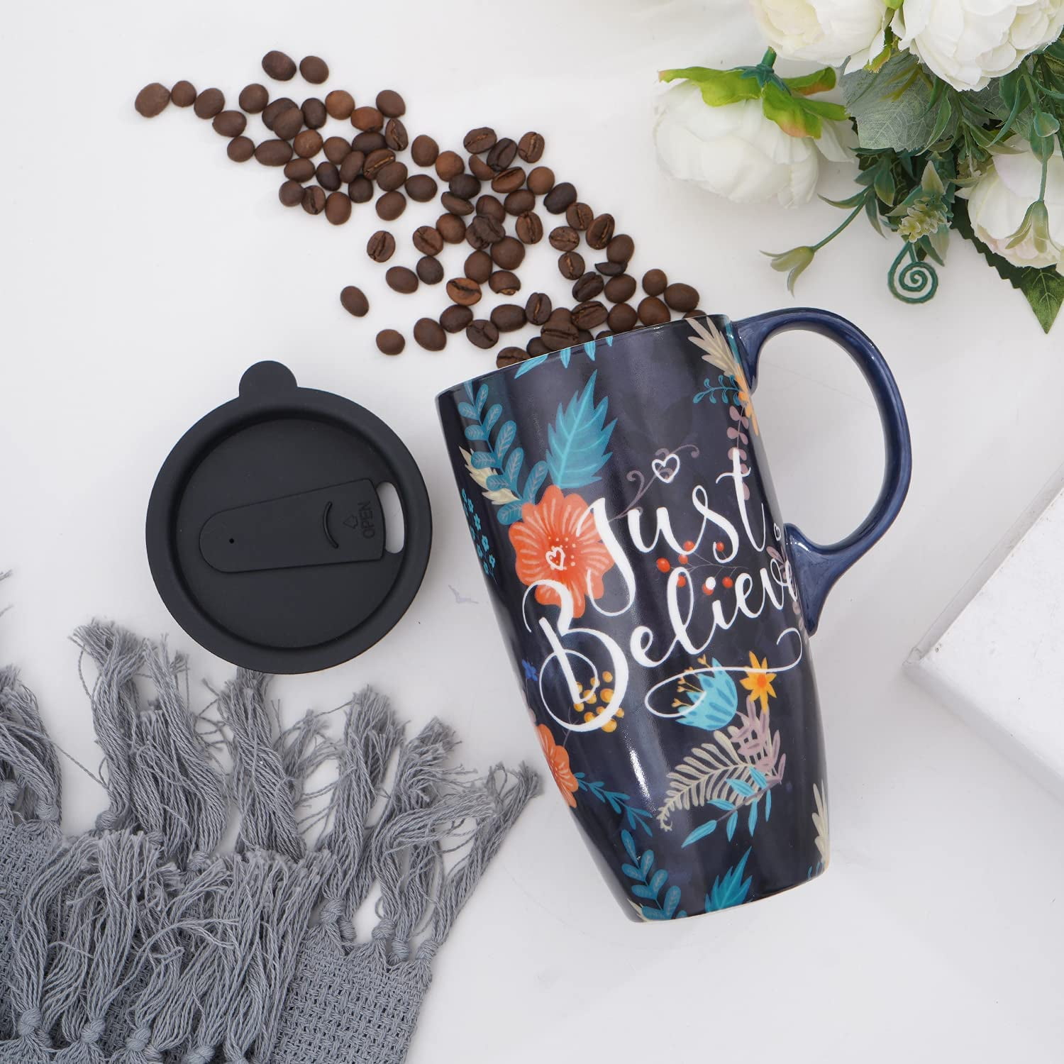 Ceramic Mug with Lid and Handle,17oz. Tall Coffee Cup for Home,Party ...