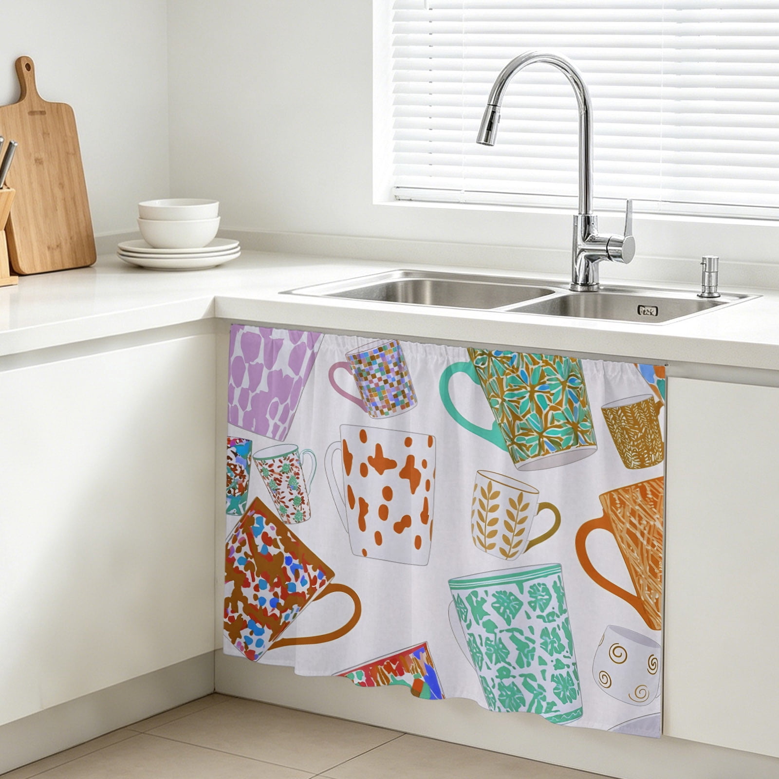 Ceramic Mugs Cabinet Curtains for Kitchen 10"W x 11"L, Rustic Abstract ...