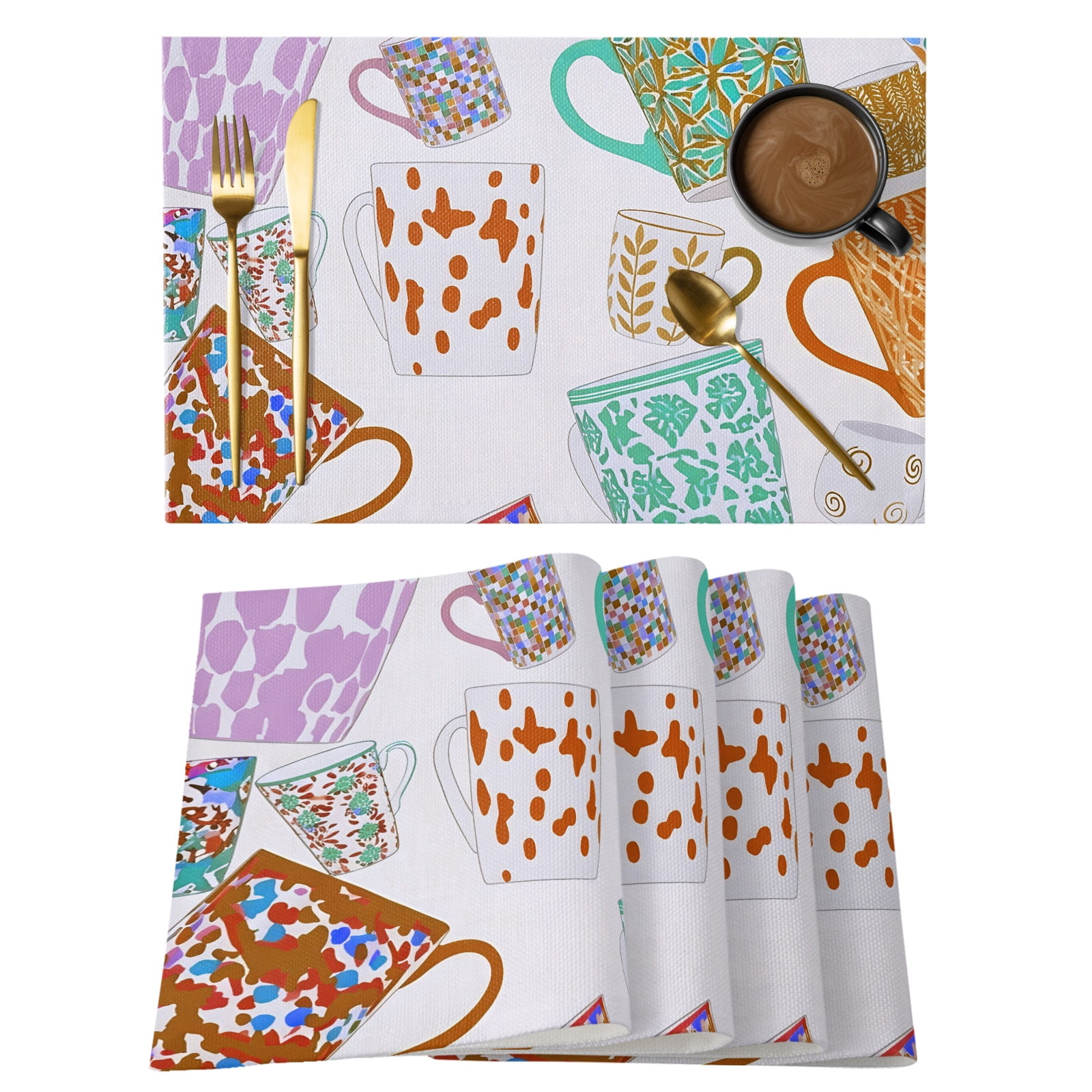 Ceramic Mugs Cotton Linen Placemats Set of 12, Rustic Abstract Rustic ...