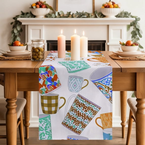 Ceramic Mugs Dining Table Runner, Rustic Abstract Rustic Farmhouse ...