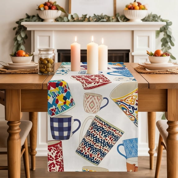 Ceramic Mugs Dining Table Runner, Rustic Abstract Rustic Farmhouse ...
