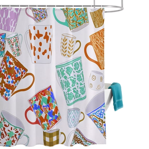 Ceramic Mugs Shower Curtain, Rustic Abstract Rustic Farmhouse Beige ...