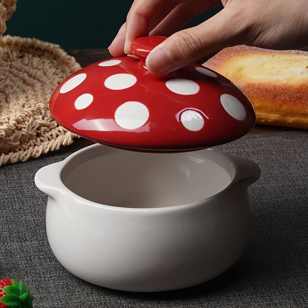 Ceramic Mushroom Bowl with Lid, Red, Microwave & Oven Safe, Suitable ...