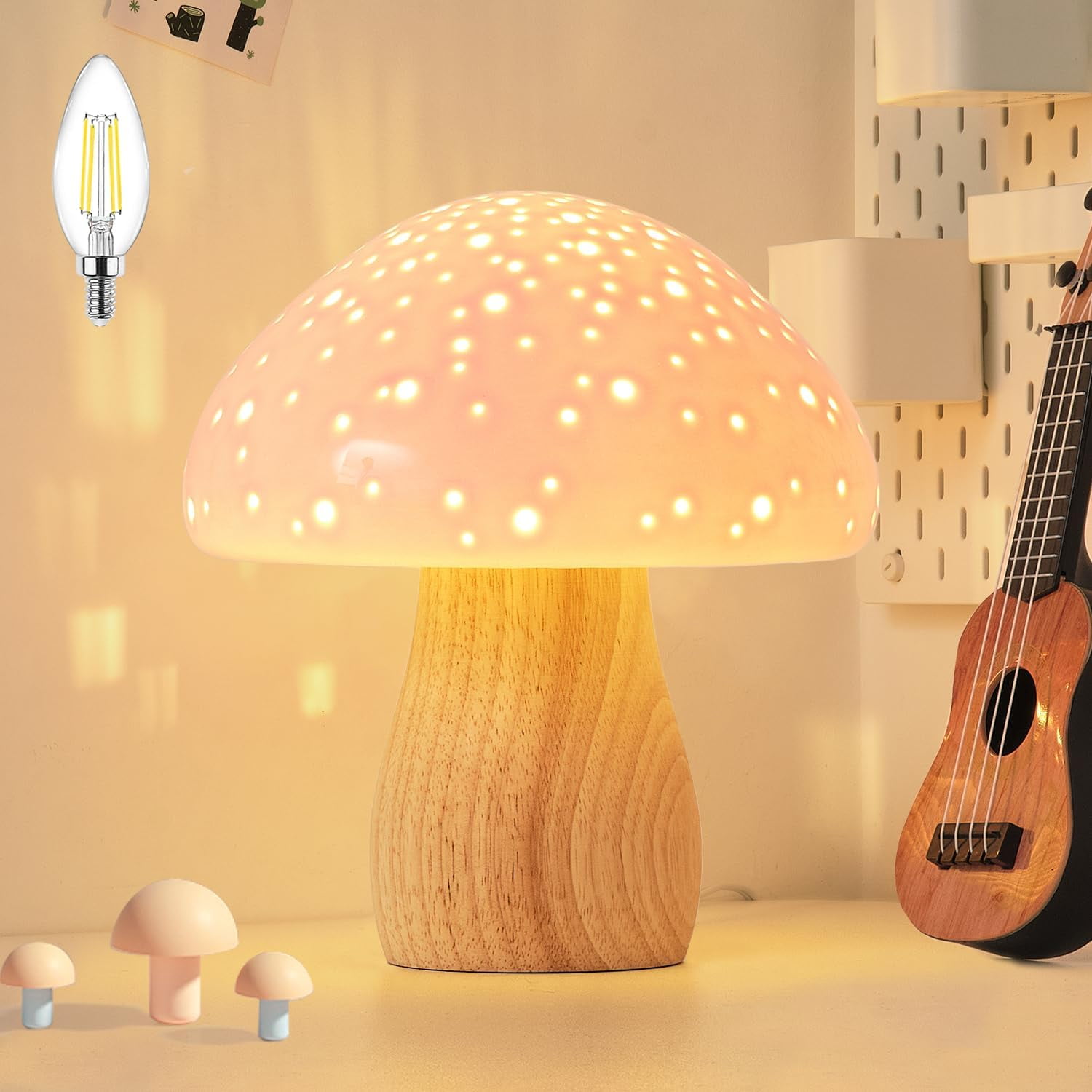 Ceramic Mushroom Lamp for Bedroom, Vintage Cute Nightstand Light, Small ...