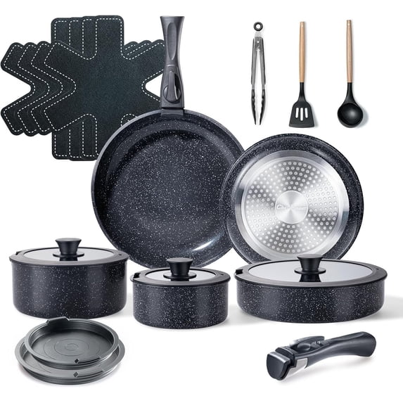 Ceramic Nonstick Cookware Set 19 count with Detachable Handle ...