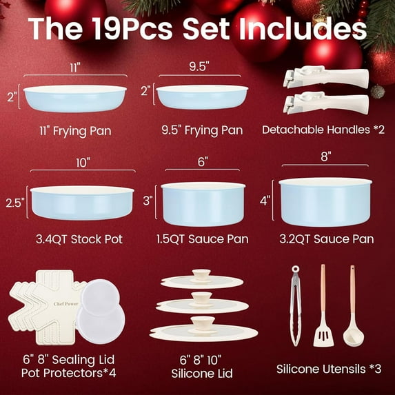 Ceramic Nonstick Pots and Pans Set 19 Piece with Detachable Handle ...