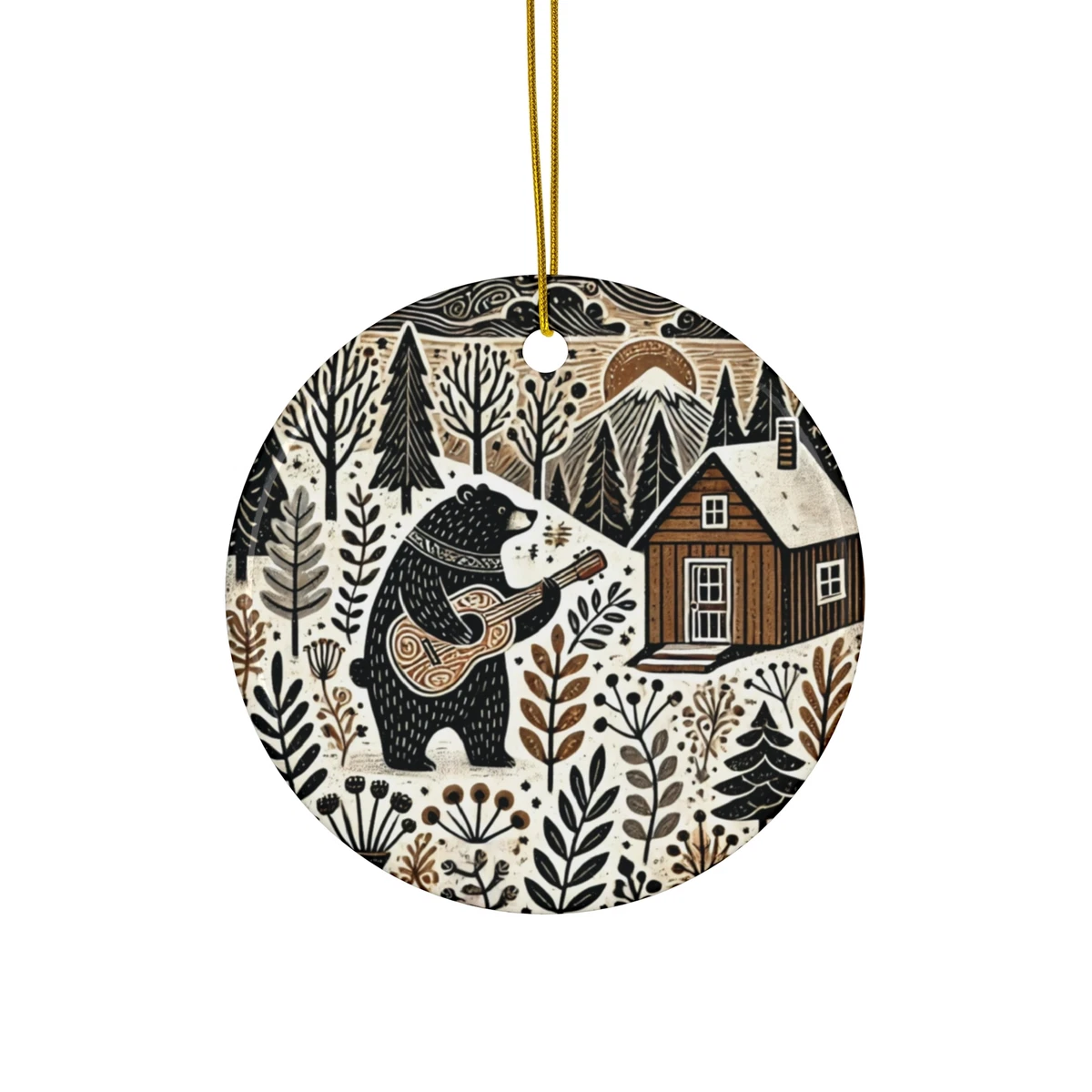 Ceramic Ornament: Bear Playing Guitar by Cabin in Rustic Winter Forest ...