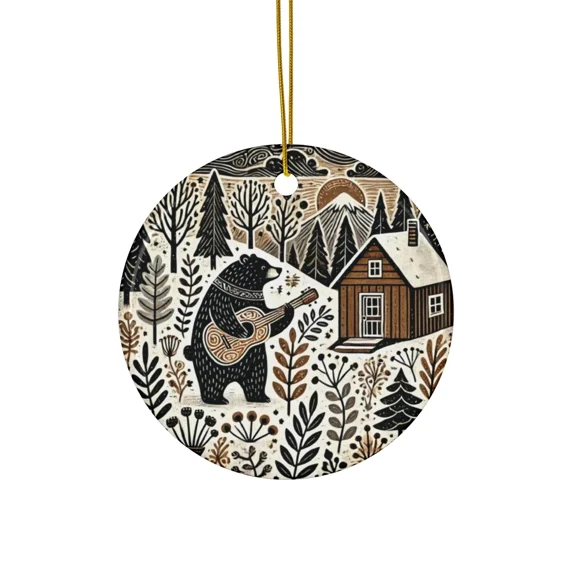 Ceramic Ornament: Bear Playing Guitar by Cabin in Rustic Winter Forest ...