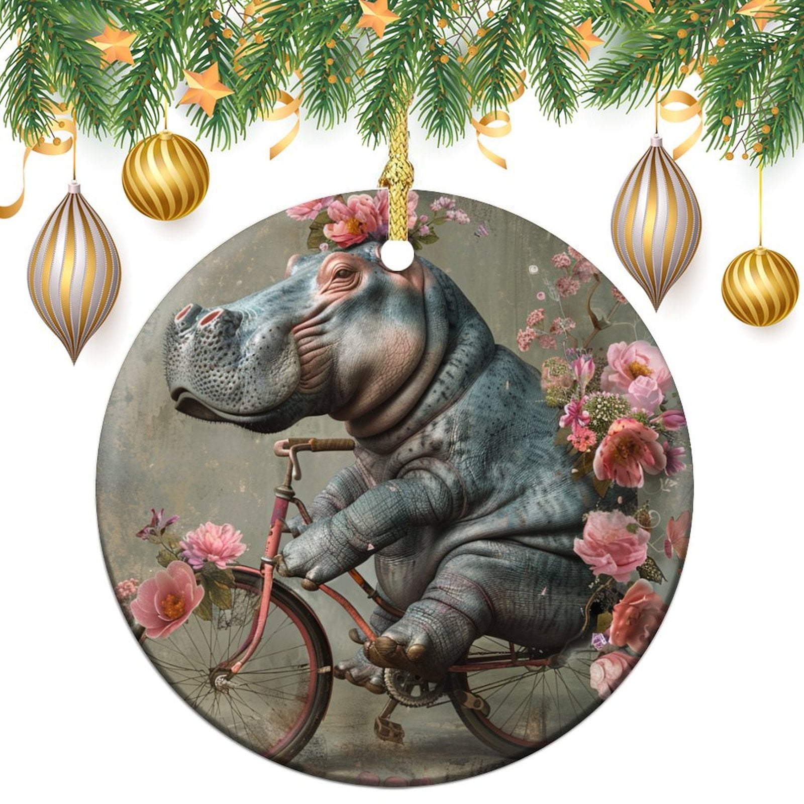 Ceramic Ornament Hippo on Bicycle with Flowers Xmas Tree Ornaments ...