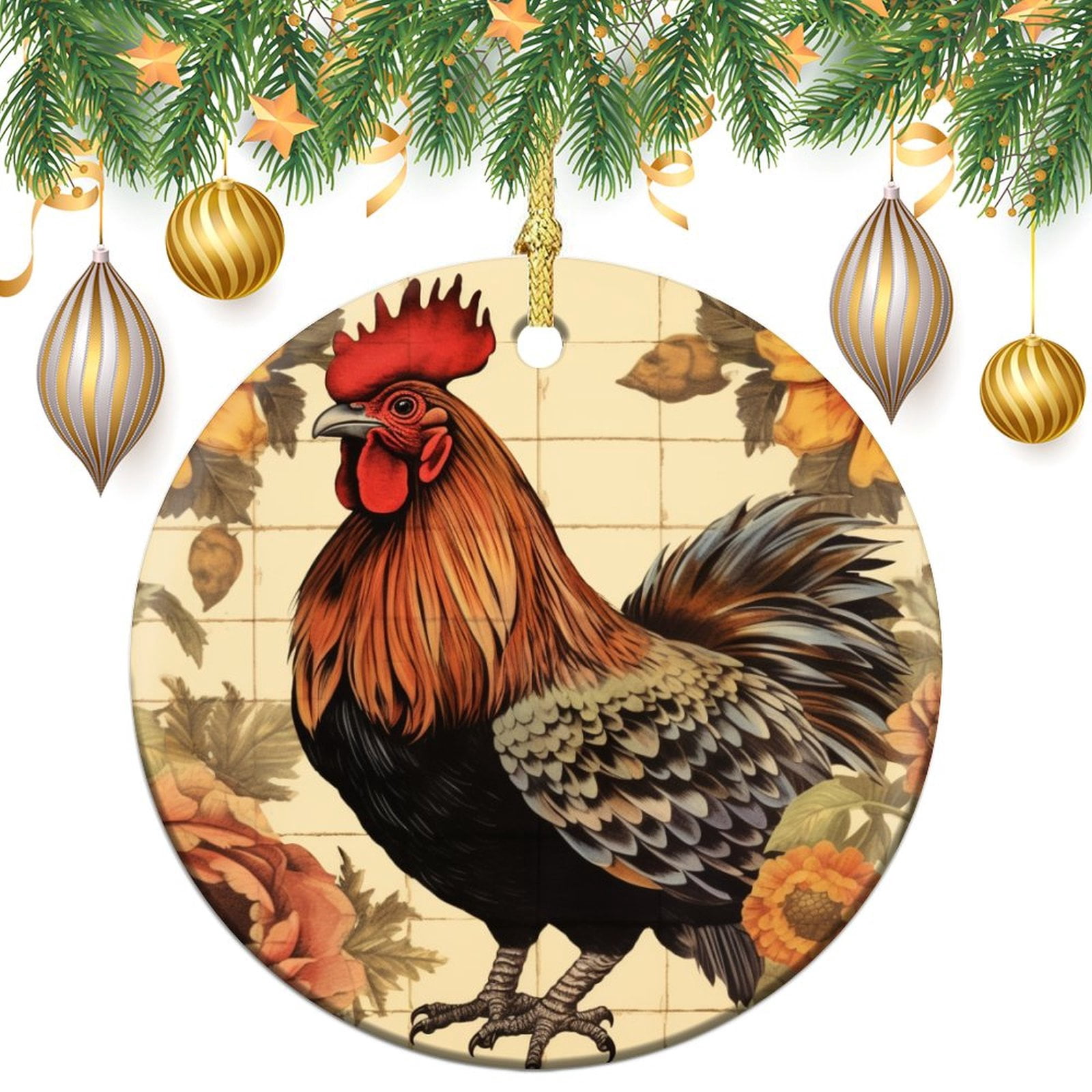 Ceramic Ornament Rooster Sunflower Vintage Chicken Floral Rustic Red ...