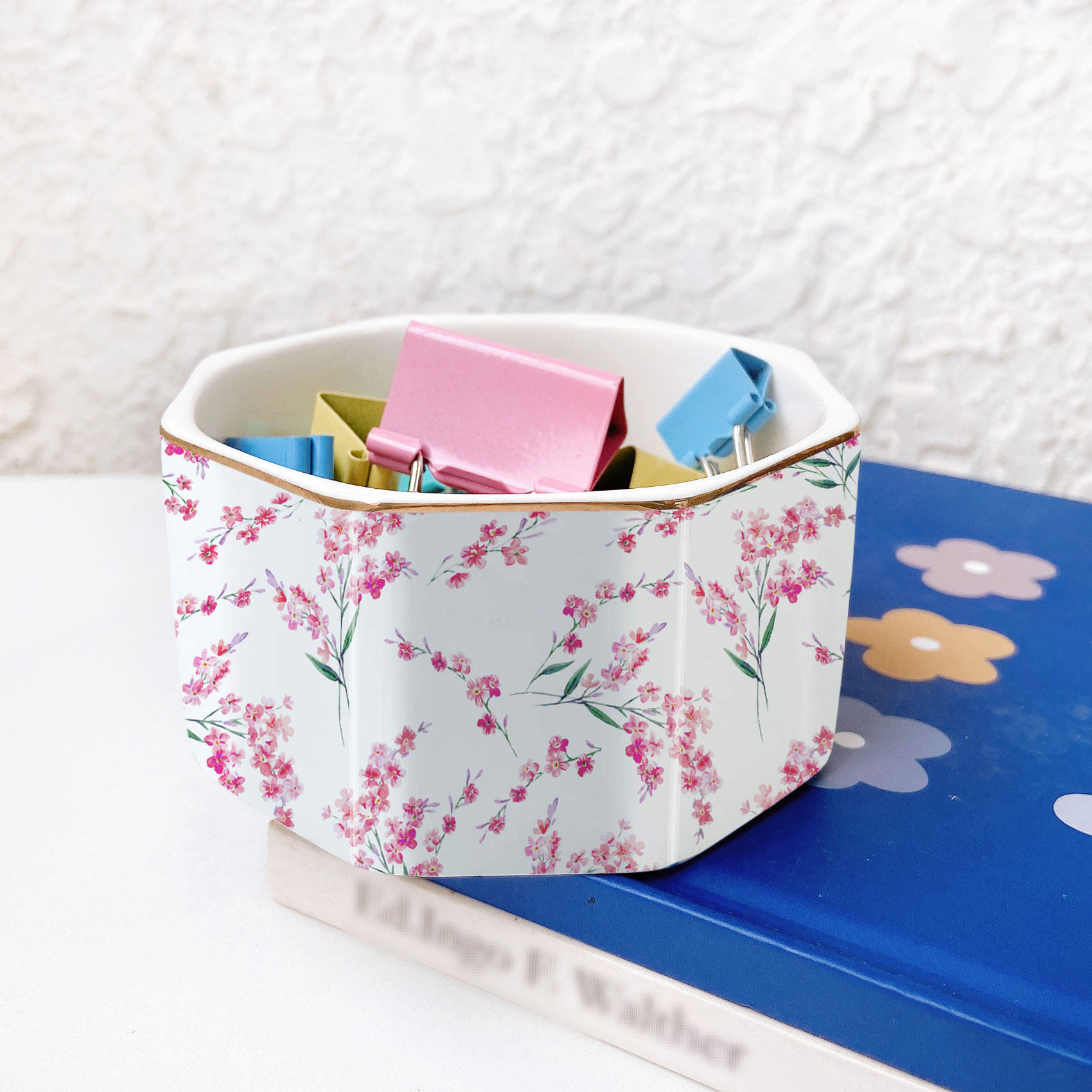 Ceramic Paper Clip Holder with Gold Trim, Cute Floral Design Desk ...