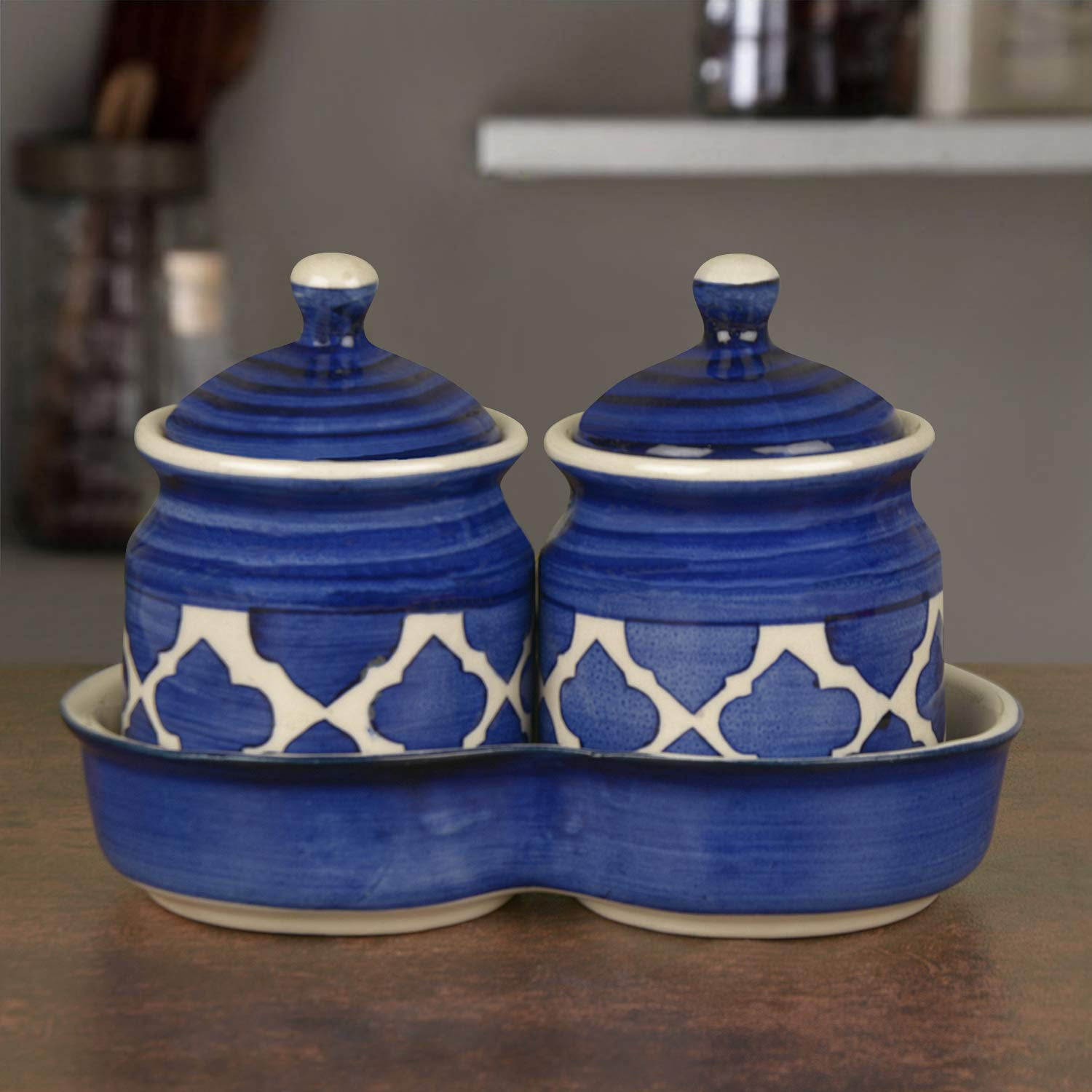Ceramic Pickle Serving Jar Set With Tray Set Of 2 - 200ml Each, Blue ...
