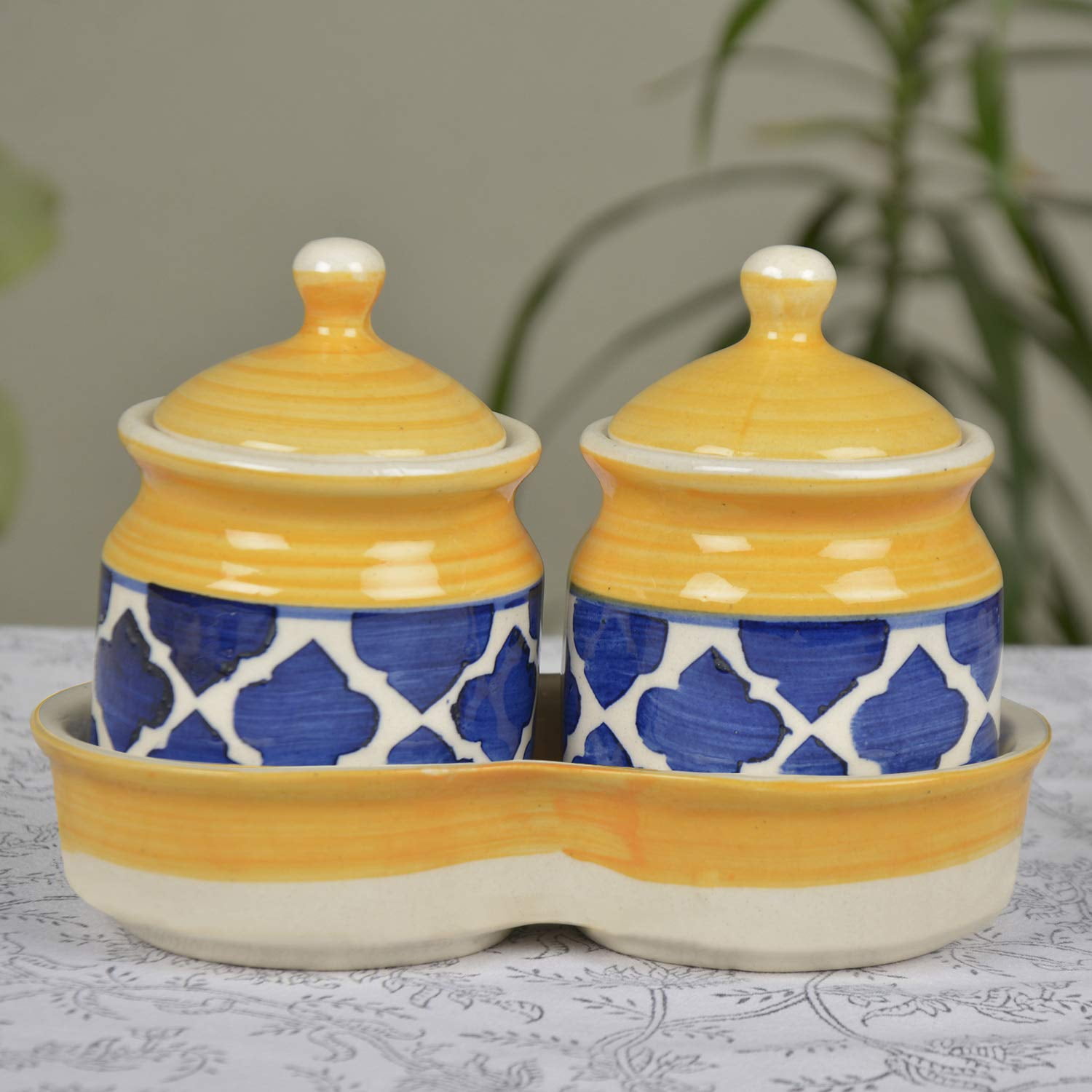 Ceramic Pickle Serving Jar Set With Tray Set Of 2 - 200ml Each, Yellow ...