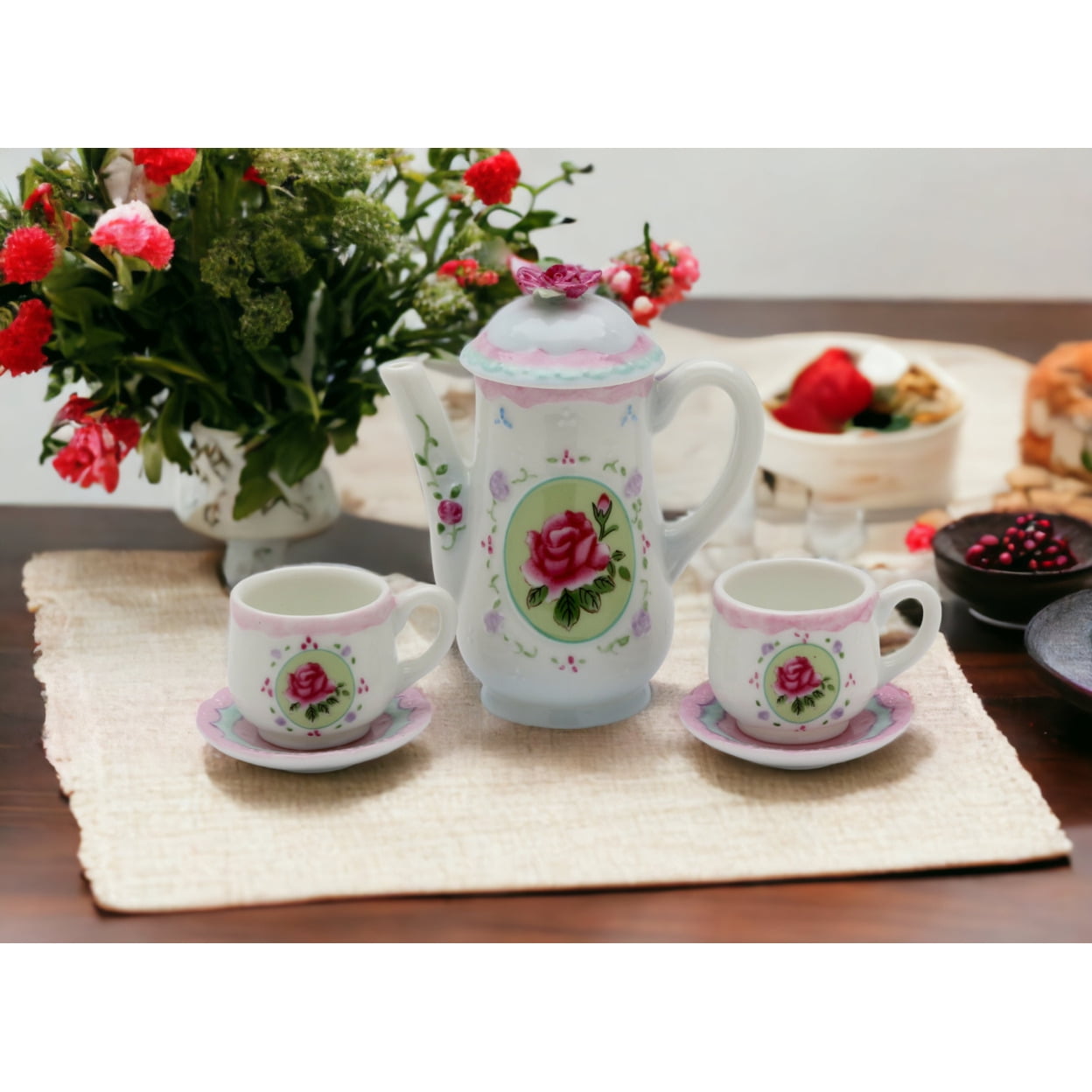 Ceramic Pink Rose Mini Tea Set 5 Piece Tea Party Friend Decor - Walmart.com