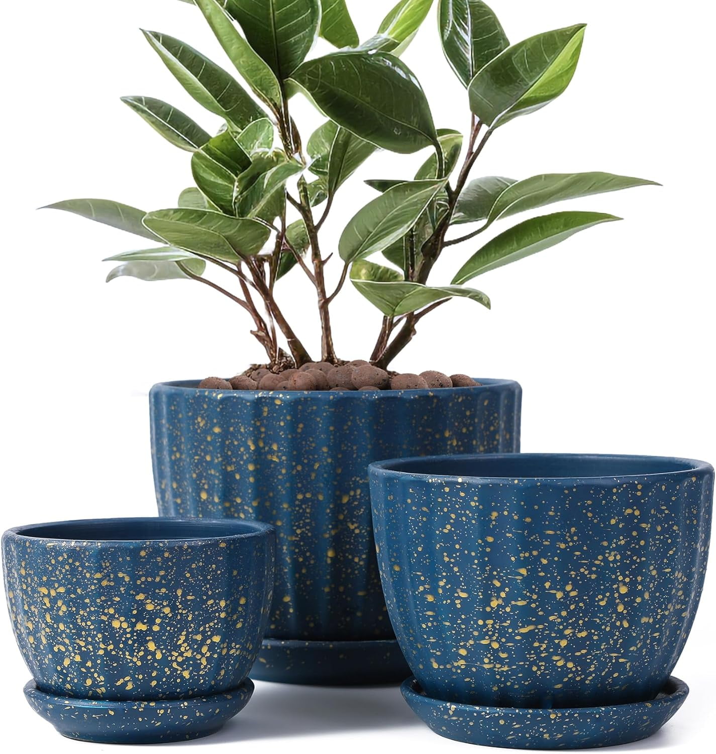 Ceramic Plant Pots with Drainage Holes and Saucers, Round Blue Flower Pots for Indoor Plant ...