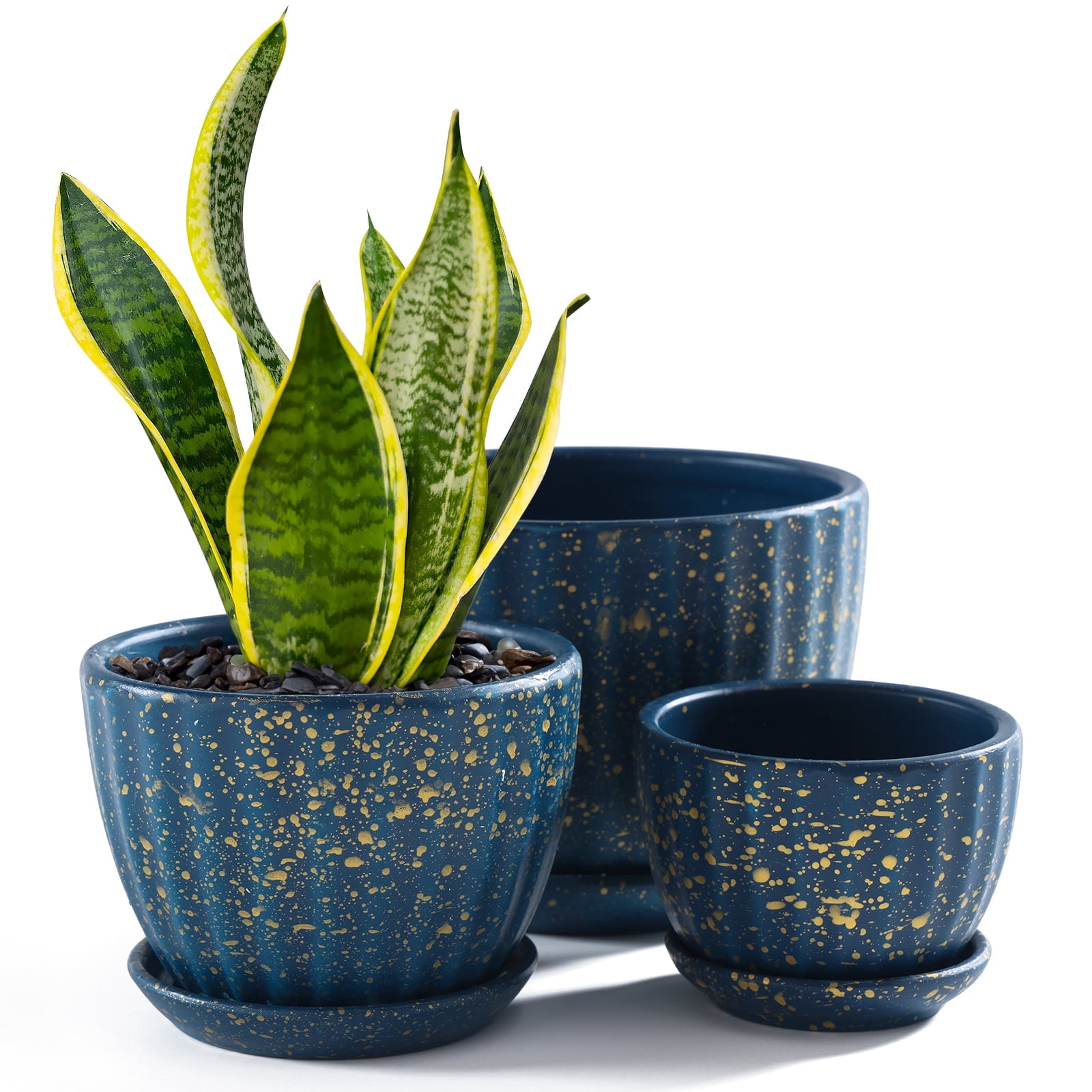 Ceramic Plant Pots with Drainage Holes and Saucers, Round Blue Flower ...