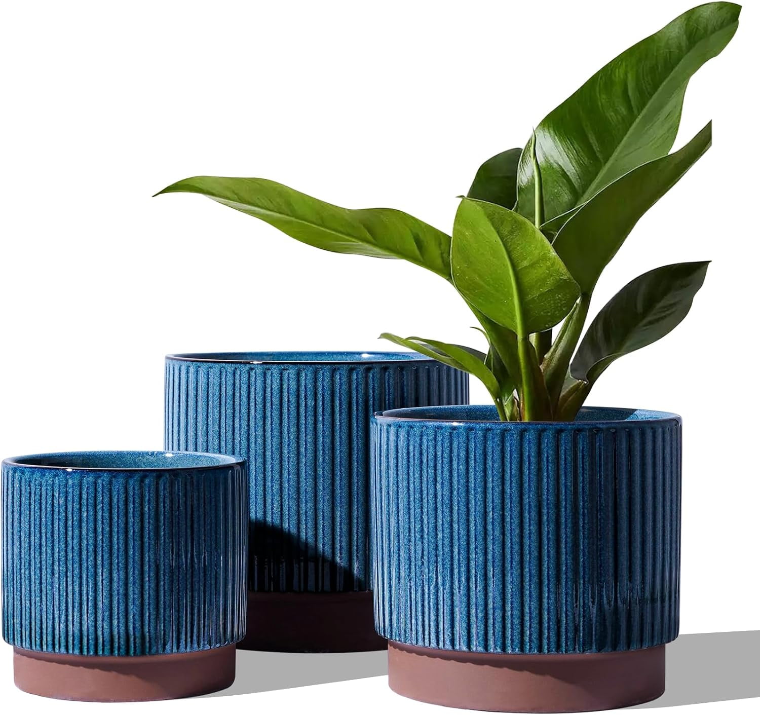 Ceramic Plant Pots with Drainage Holes, Set of 3, 8+6.7+5.5 Inch Stripe Garden Planter Pots for ...