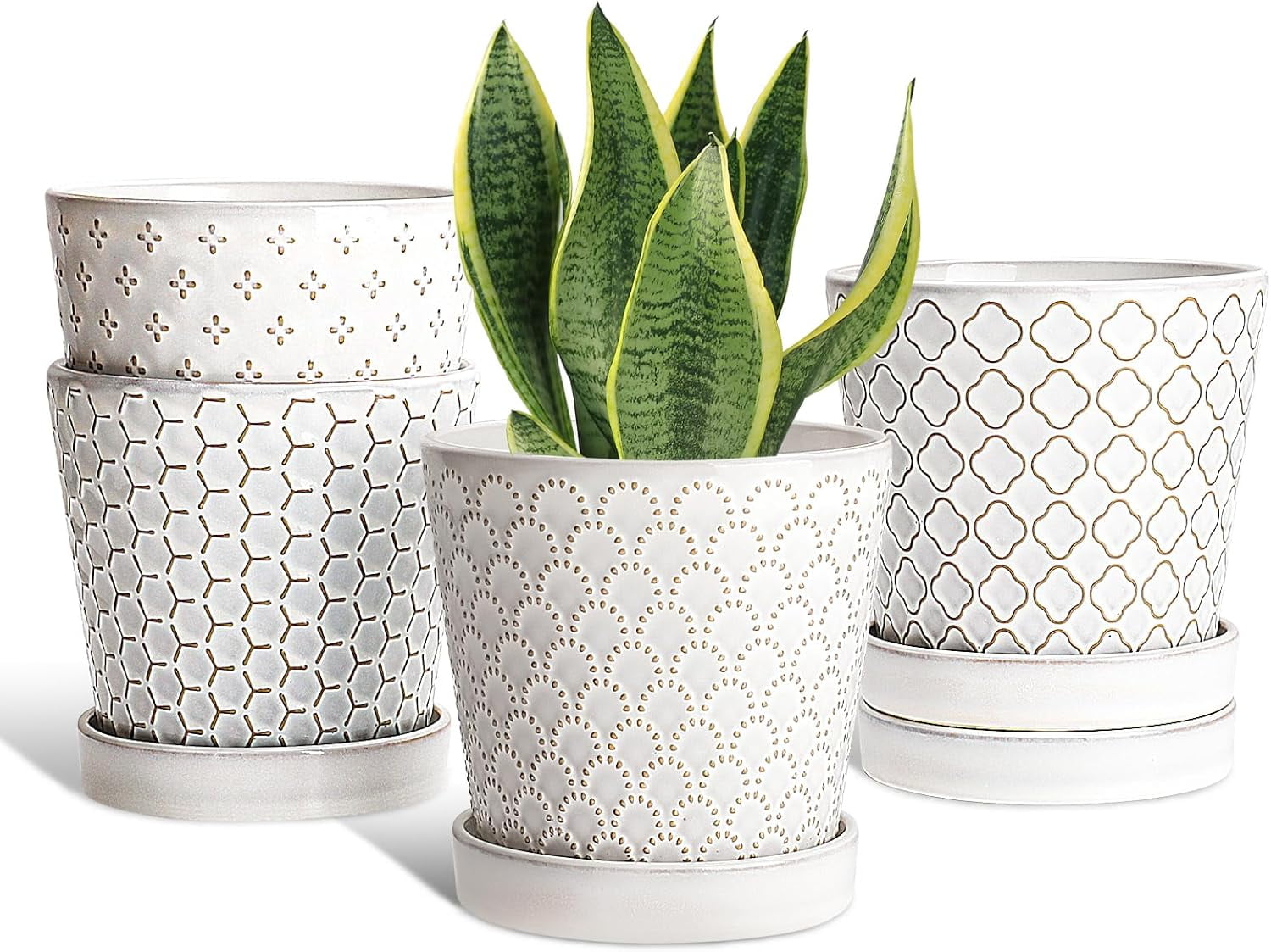 Ceramic Plant Pots Indoor, 5 Inch Planters with Drainage Holes and Ceramic Tray, Relief Design ...
