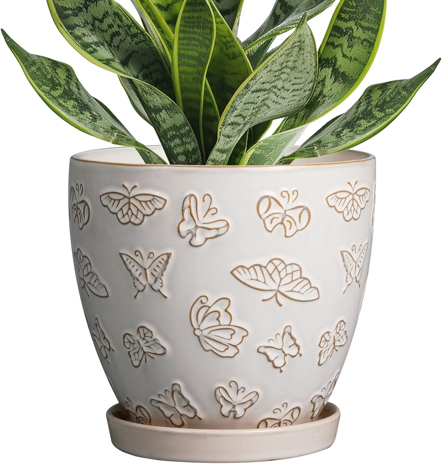 Ceramic Planter - 10 Inch Plant Pot with Drainage Hole and Tray, Round ...
