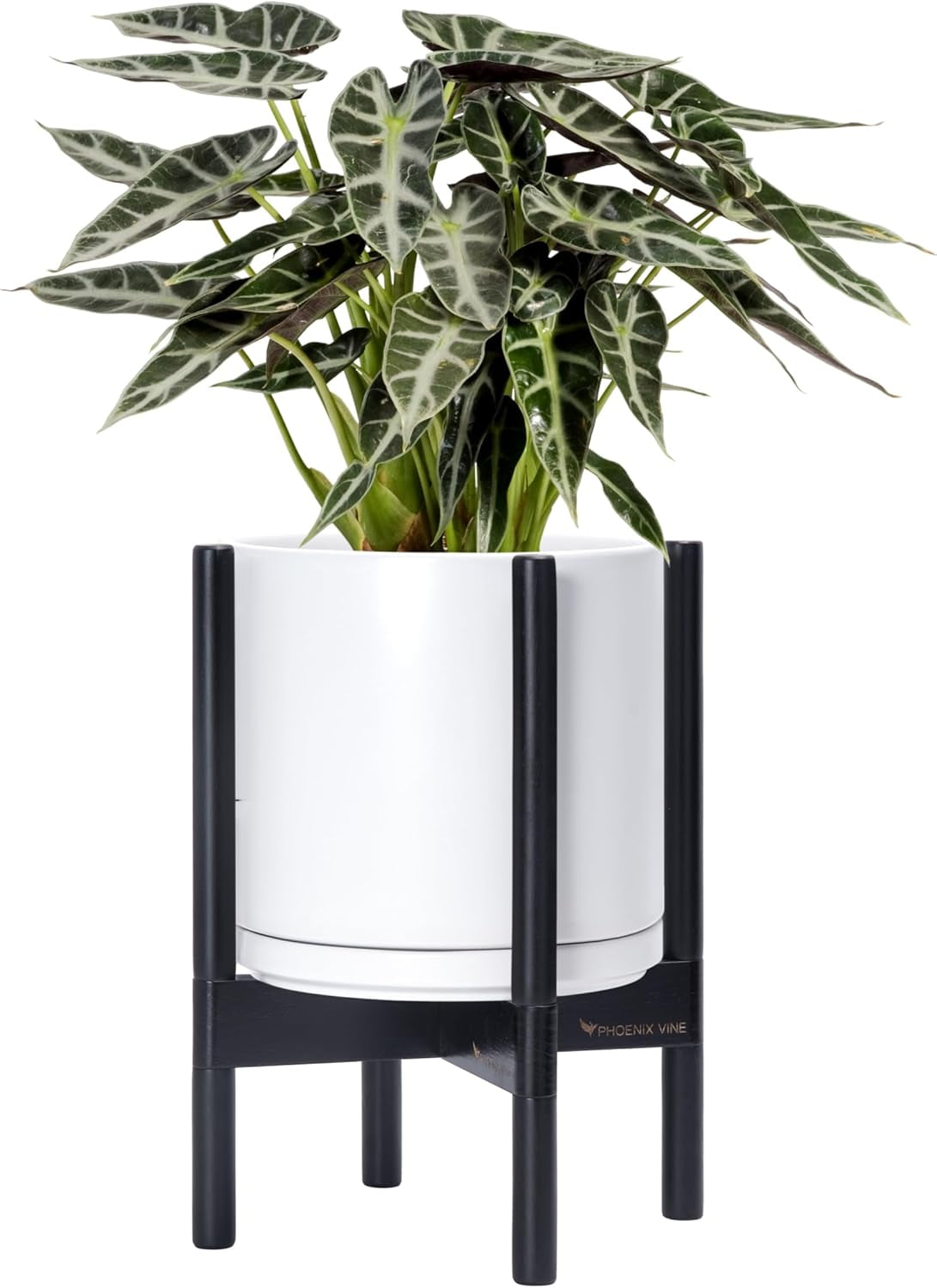 Ceramic Planter with Ebony Stand - 10 Inch Modern Round Flower Pot with ...