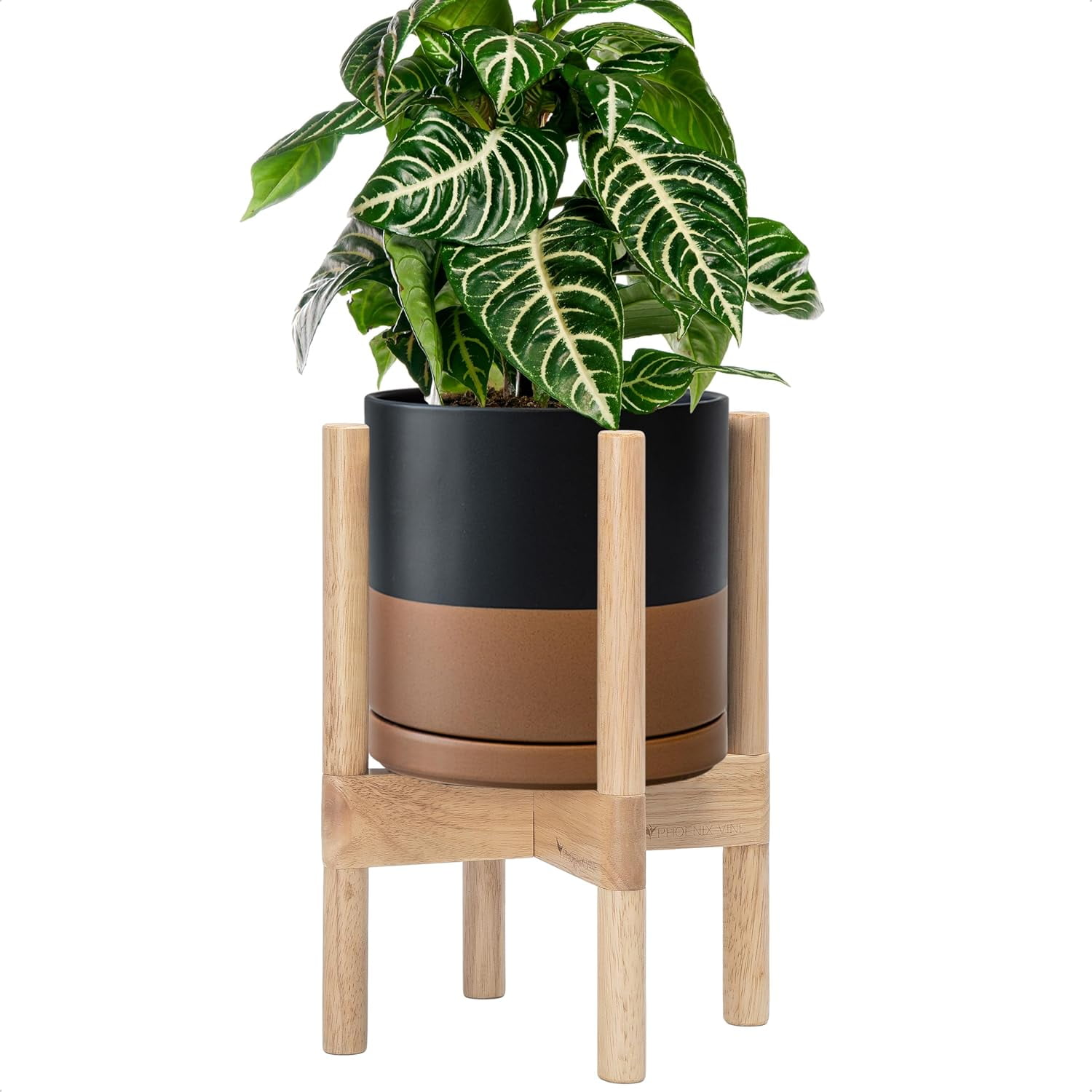 Ceramic Planter with Ebony Stand - 12 Inch Modern Round Flower Pot with ...