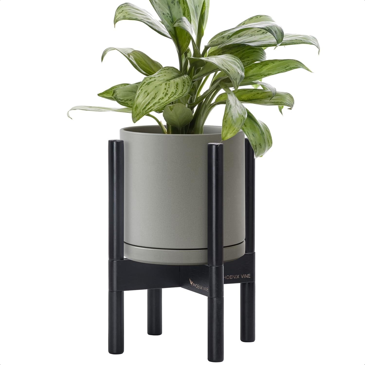Ceramic Planter with Ebony Stand - 12 Inch Modern Round Flower Pot with ...