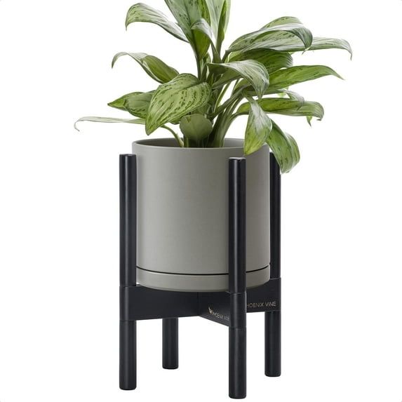 Ceramic Planter with Ebony Stand - 12 Inch Modern Round Flower Pot with ...