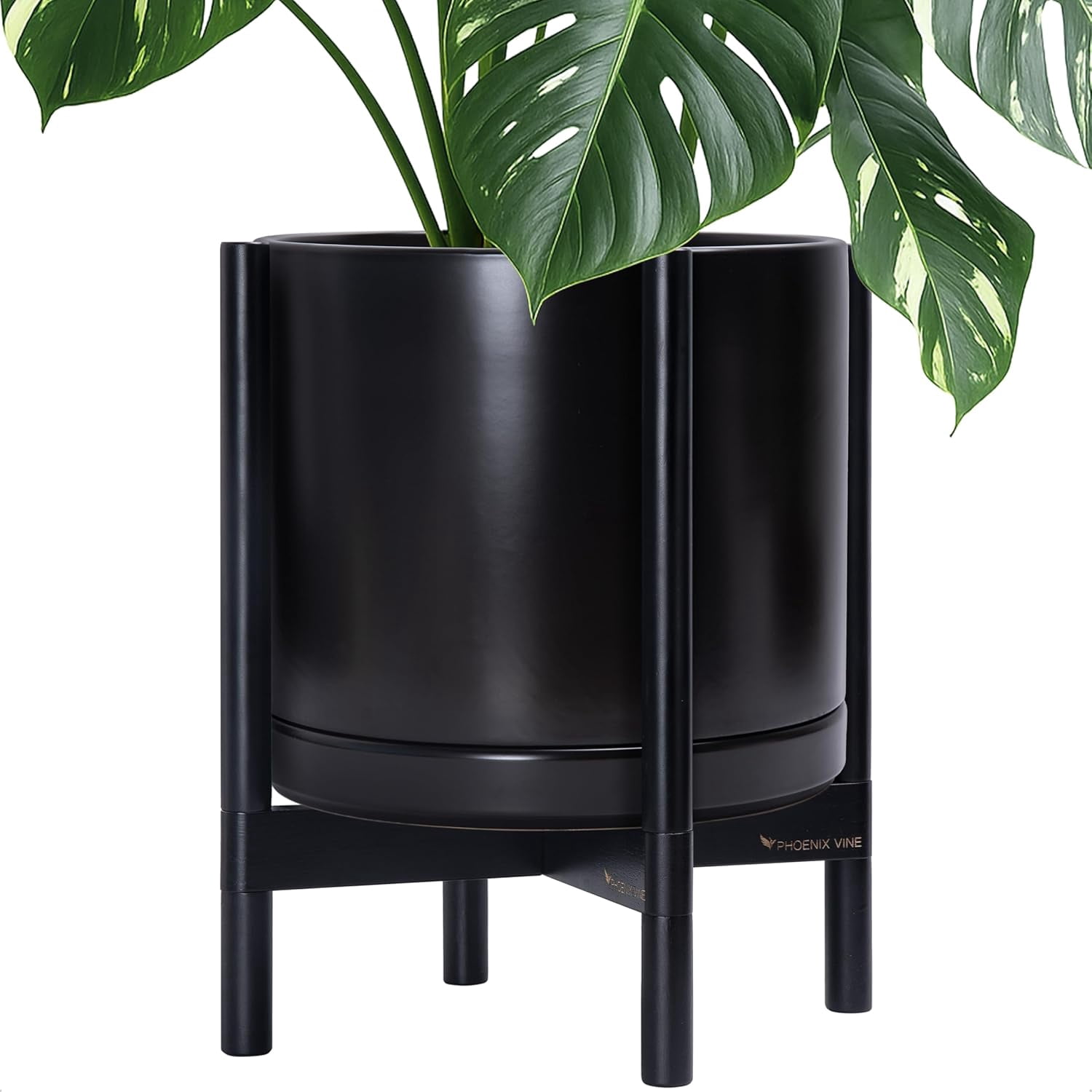 Ceramic Planter with Ebony Stand - 12 Inch Modern Round Flower Pot with ...