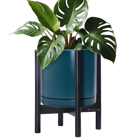 Ceramic Planter with Ebony Stand - 12 Inch Modern Round Flower Pot with ...