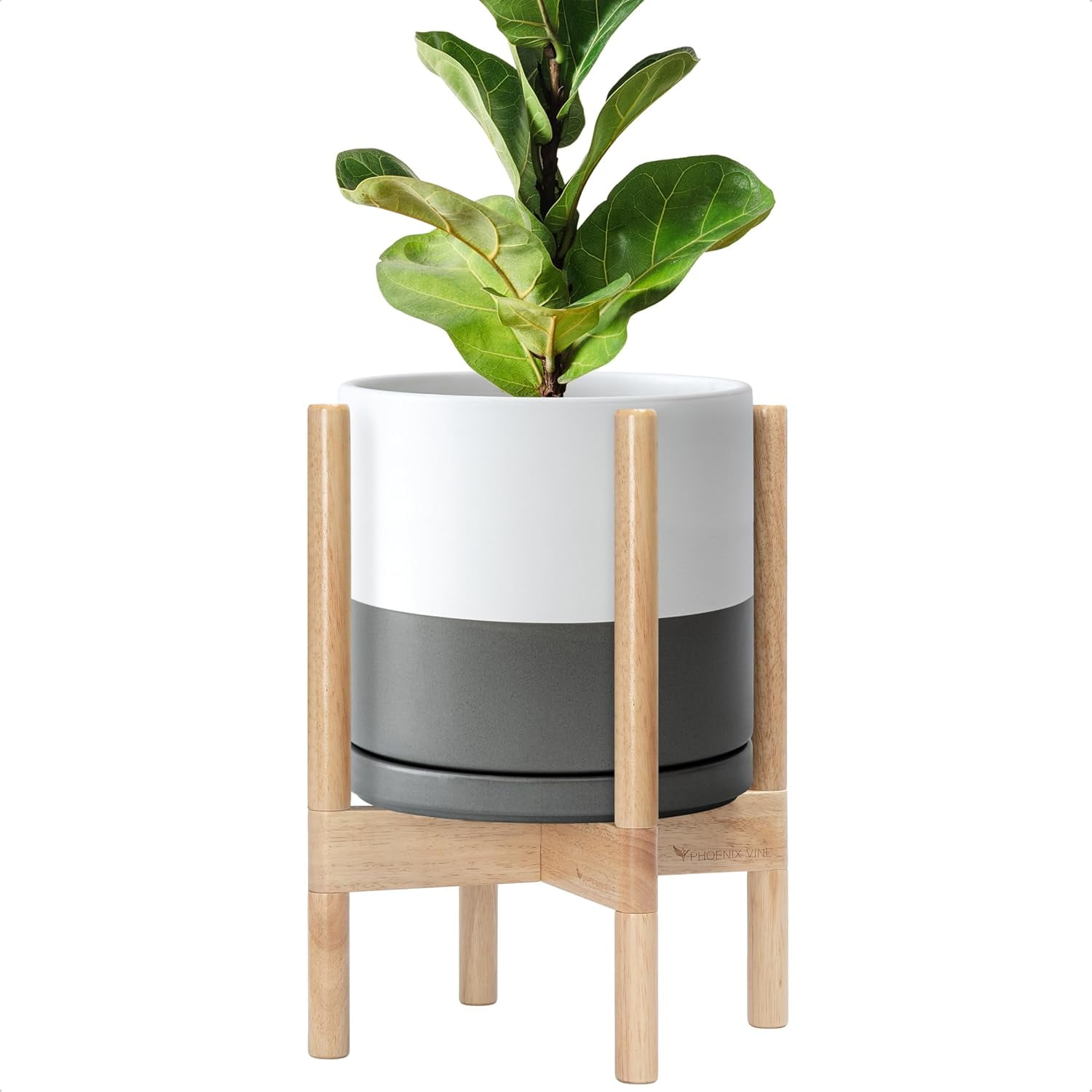 Ceramic Planter with Ebony Stand - 12 Inch Modern Round Flower Pot with ...