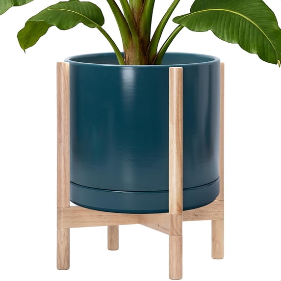 Ceramic Planter with Ebony Stand - 12 Inch Modern Round Flower Pot with ...