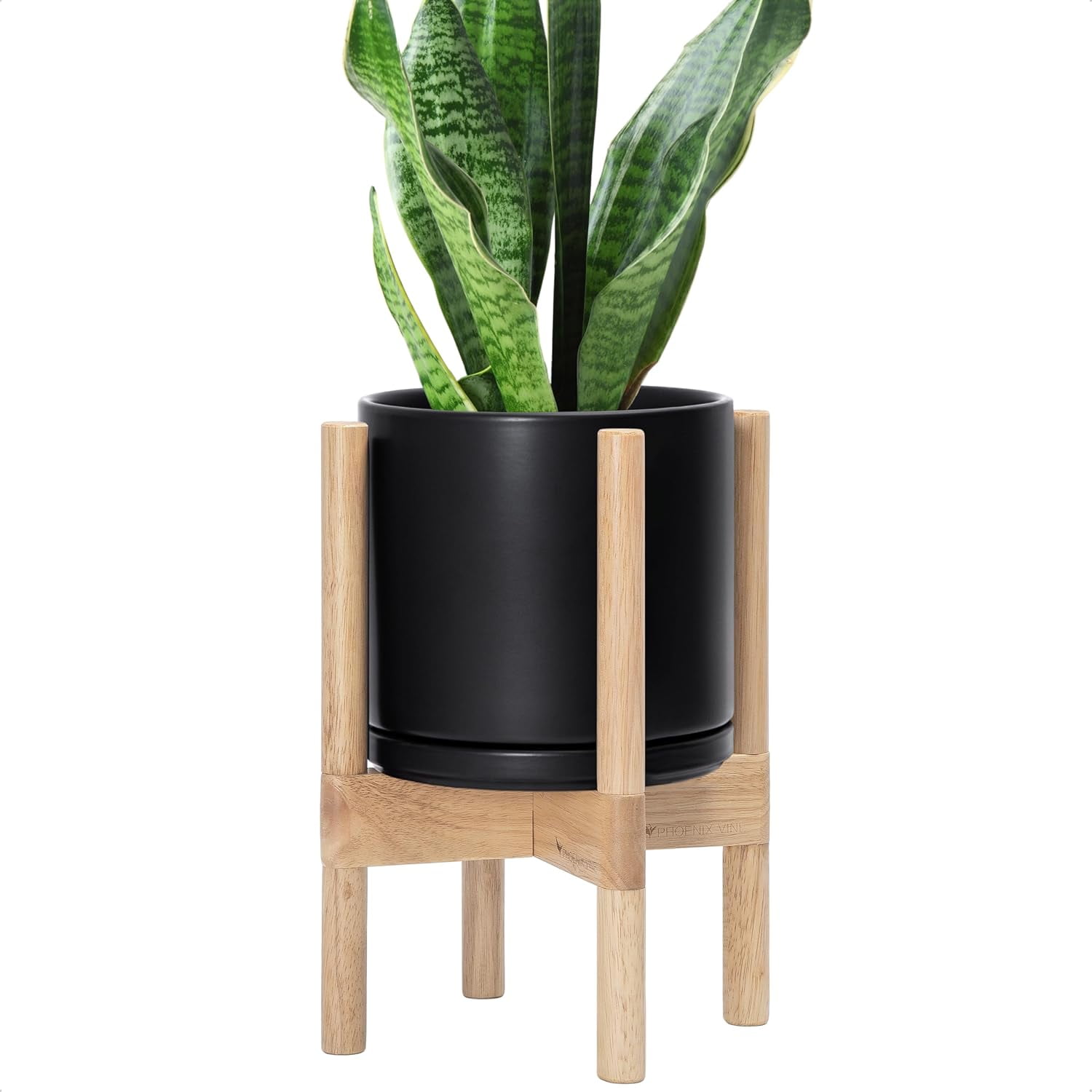 Ceramic Planter with Ebony Stand - 12 Inch Modern Round Flower Pot with ...