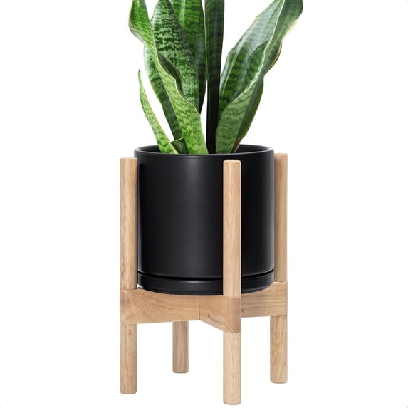 Ceramic Planter with Ebony Stand - 12 Inch Modern Round Flower Pot with ...