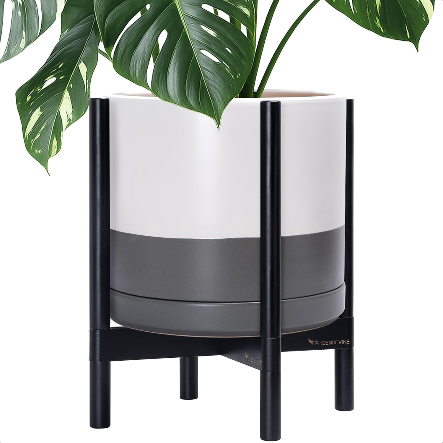 Ceramic Planter with Ebony Stand - 12 Inch Modern Round Flower Pot with ...