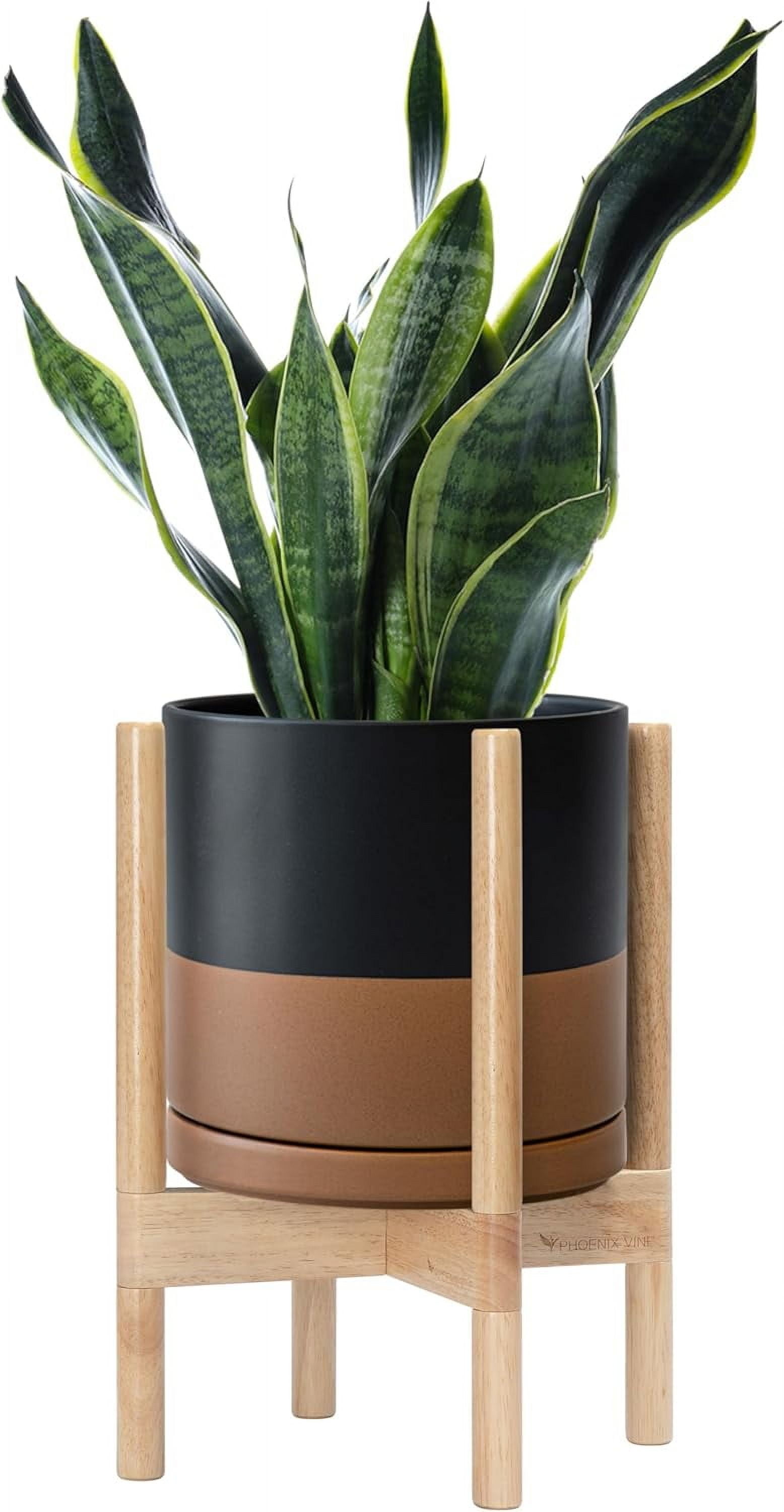 Ceramic Planter with Natural Stand - 10 Inch Modern Round Flower Pot ...