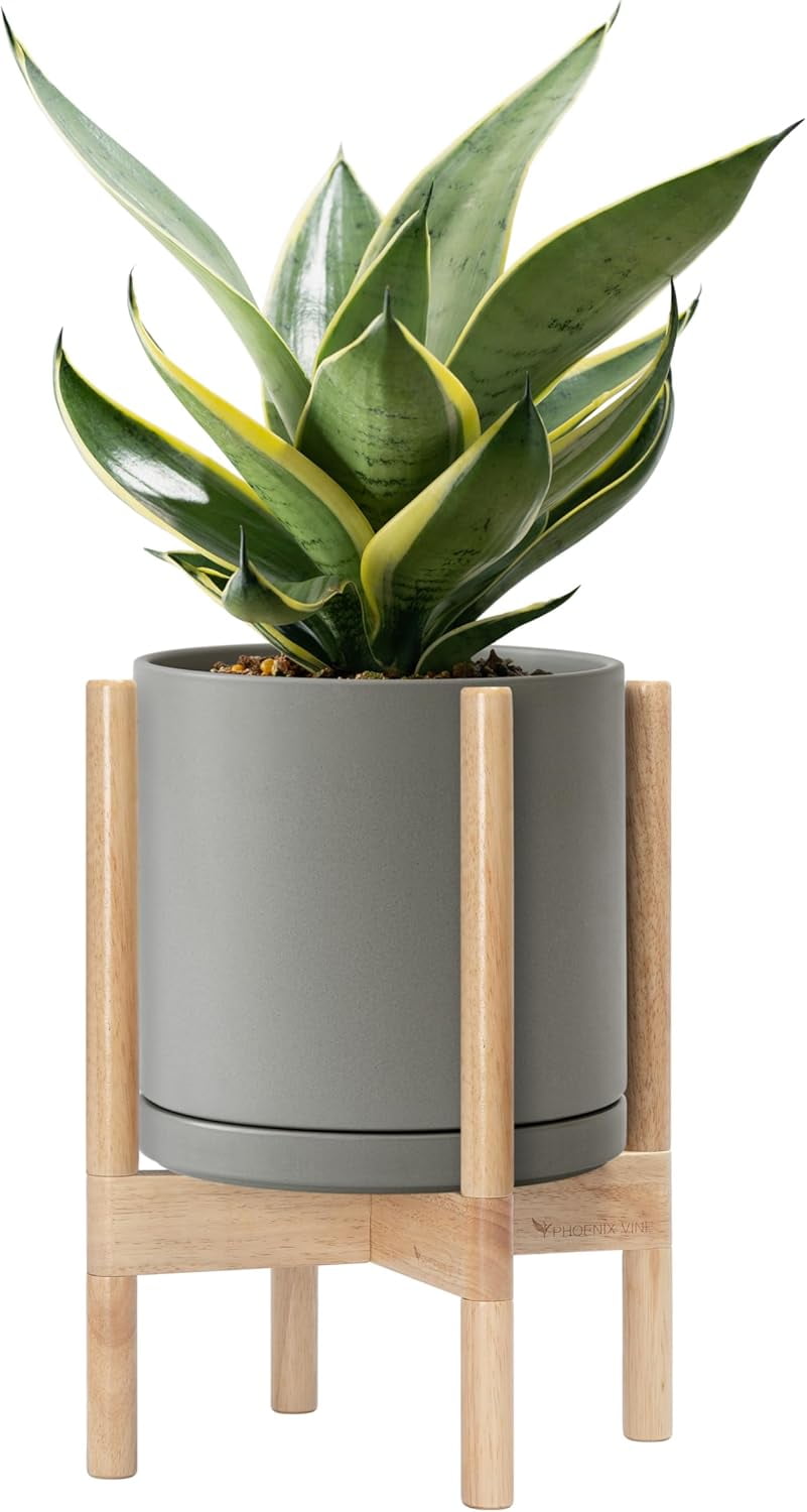 Ceramic Planter with Natural Stand - 10 Inch Modern Round Flower Pot ...
