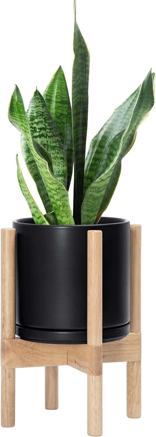 Ceramic Planter with Natural Stand - 8 Inch Modern Round Flower Pot ...