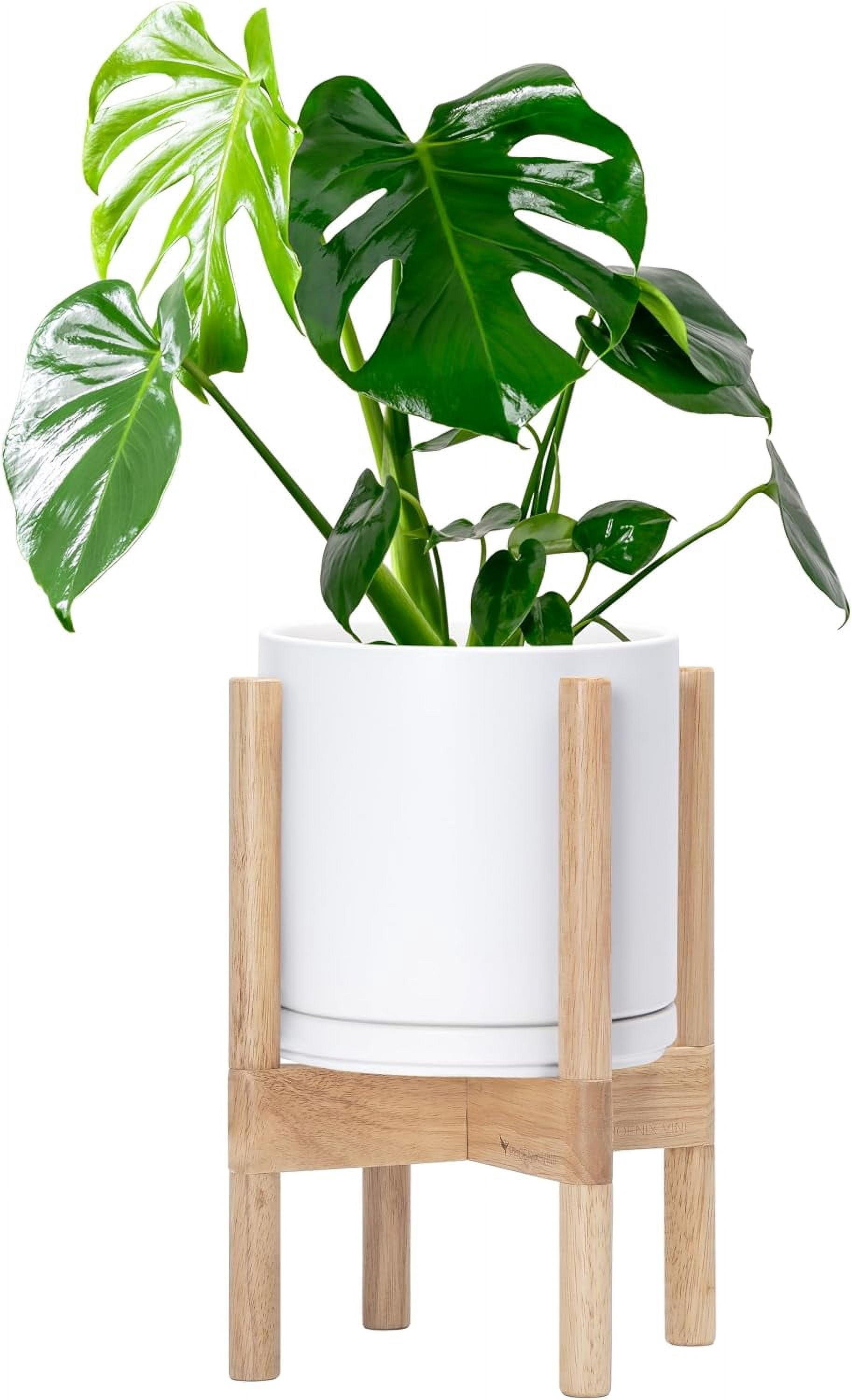 Ceramic Planter with Natural Stand - 8 Inch Modern Round Flower Pot ...