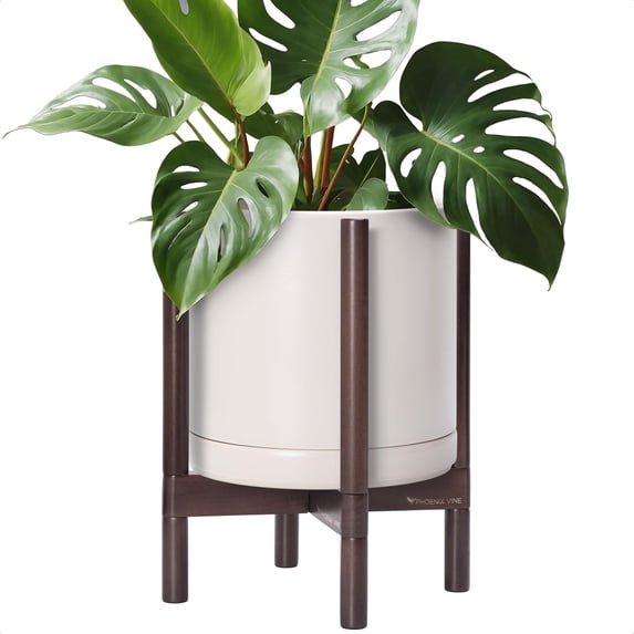 Ceramic Planter with Natural Stand - Inch Modern Round Flower Pot with ...