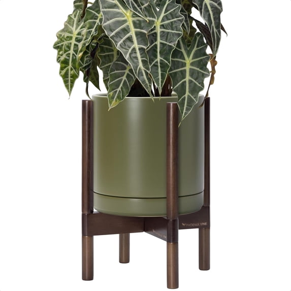 Ceramic Planter with Natural Stand - Inch Modern Round Flower Pot with ...