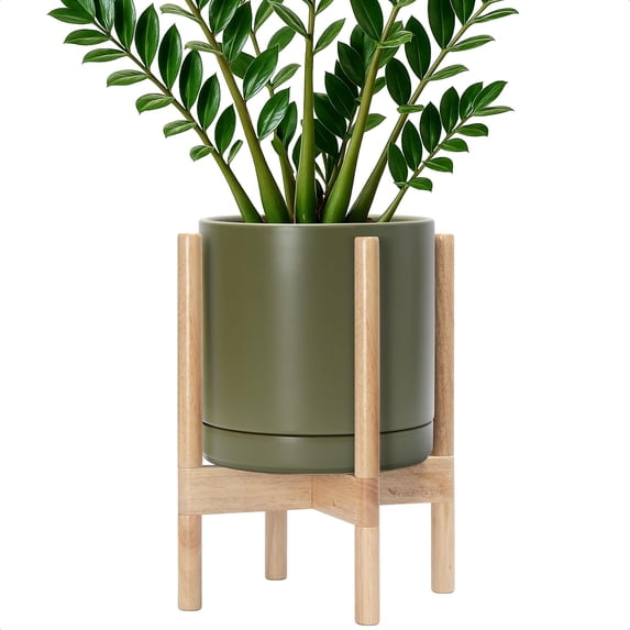Ceramic Planter with Natural Stand - Inch Modern Round Flower Pot with ...