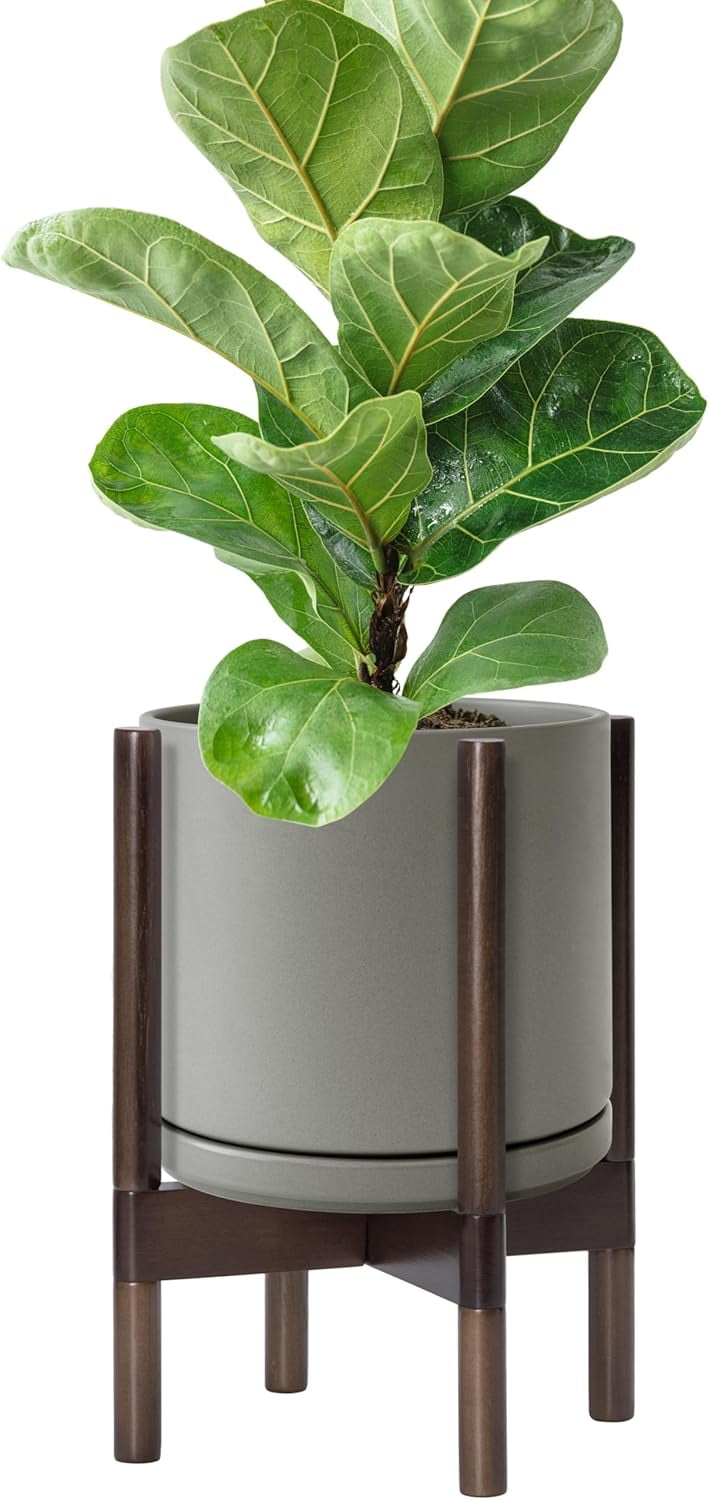 Ceramic Planter with Walnut Color Stand - 10 Inch Modern Round Flower ...